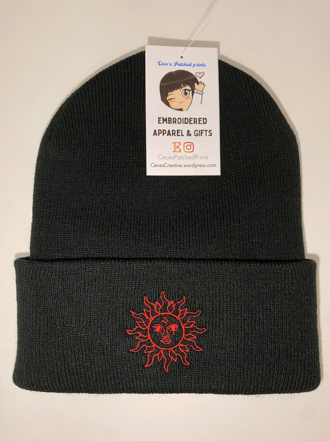 CELESTIAL SUN Beanie, Red Sun Embroidered Beanie, Lunar Spiritual Rave ...