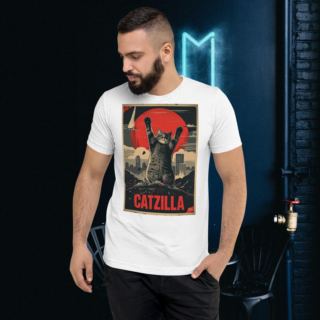 Catzilla Retro Poster - Giant Cat Monster Art Print Short Sleeve T ...