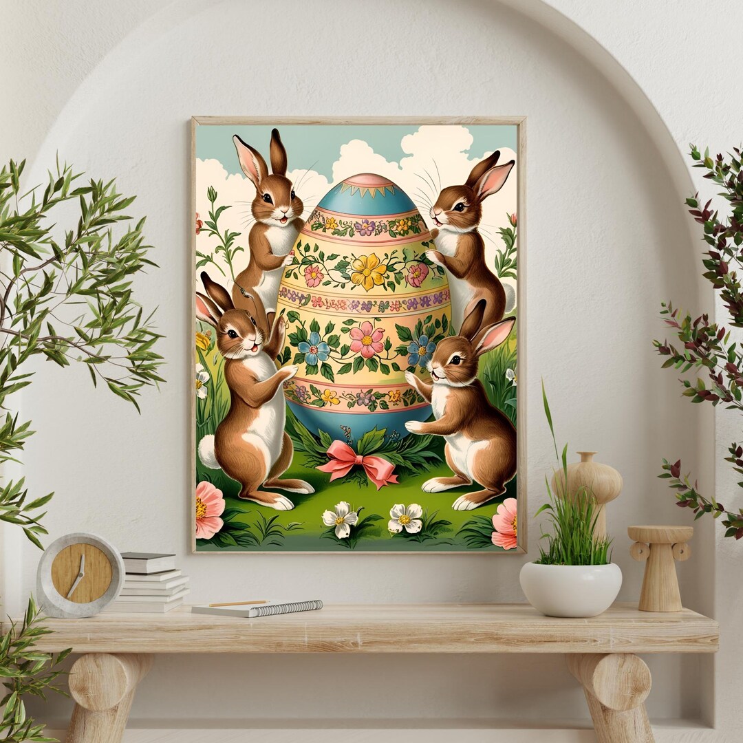 Vintage Easter Bunny Print, Rabbit Drawing Printable Wall Art, Easter ...
