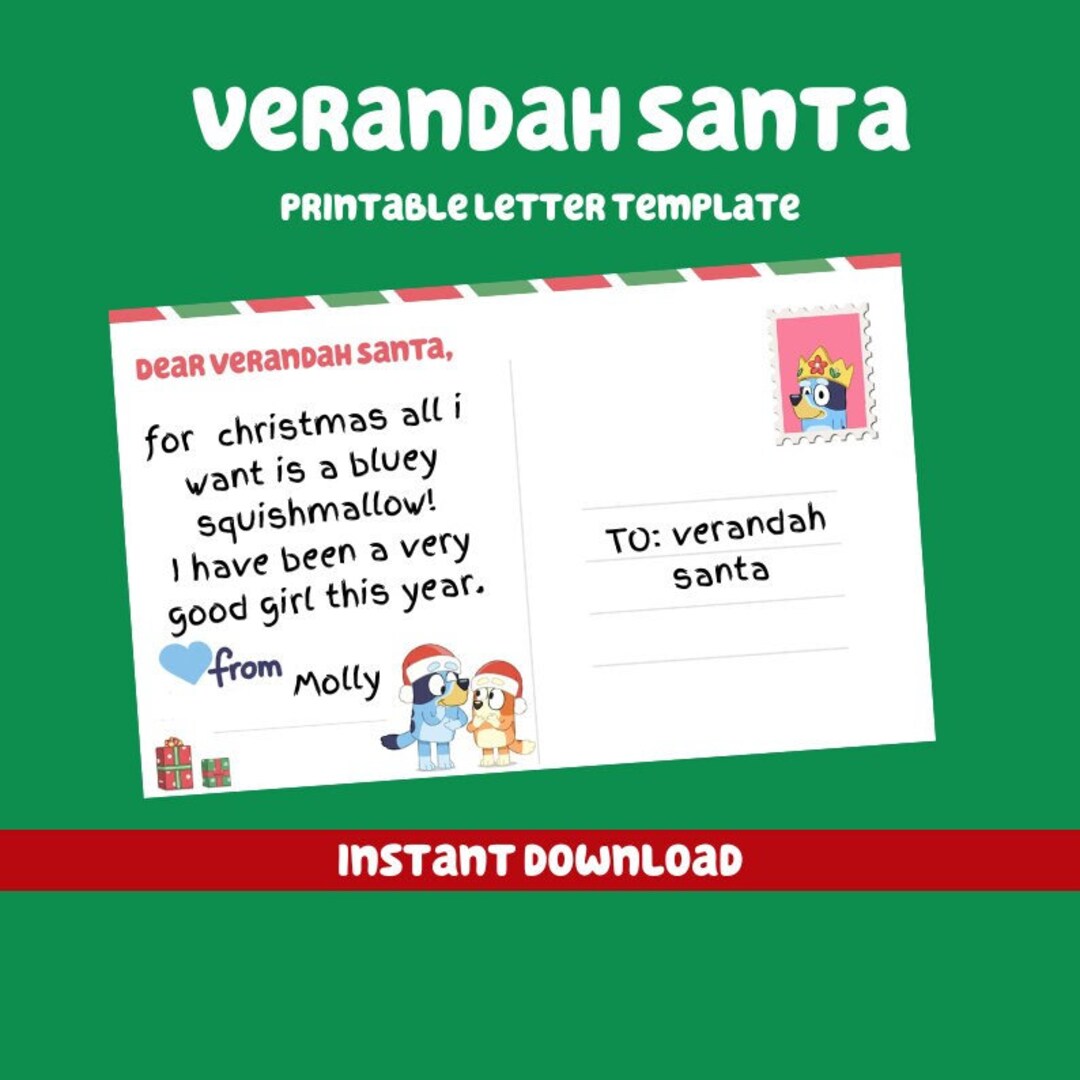 Carta postal digital imprimible de Bluey Christmas a Verandah Santa ...