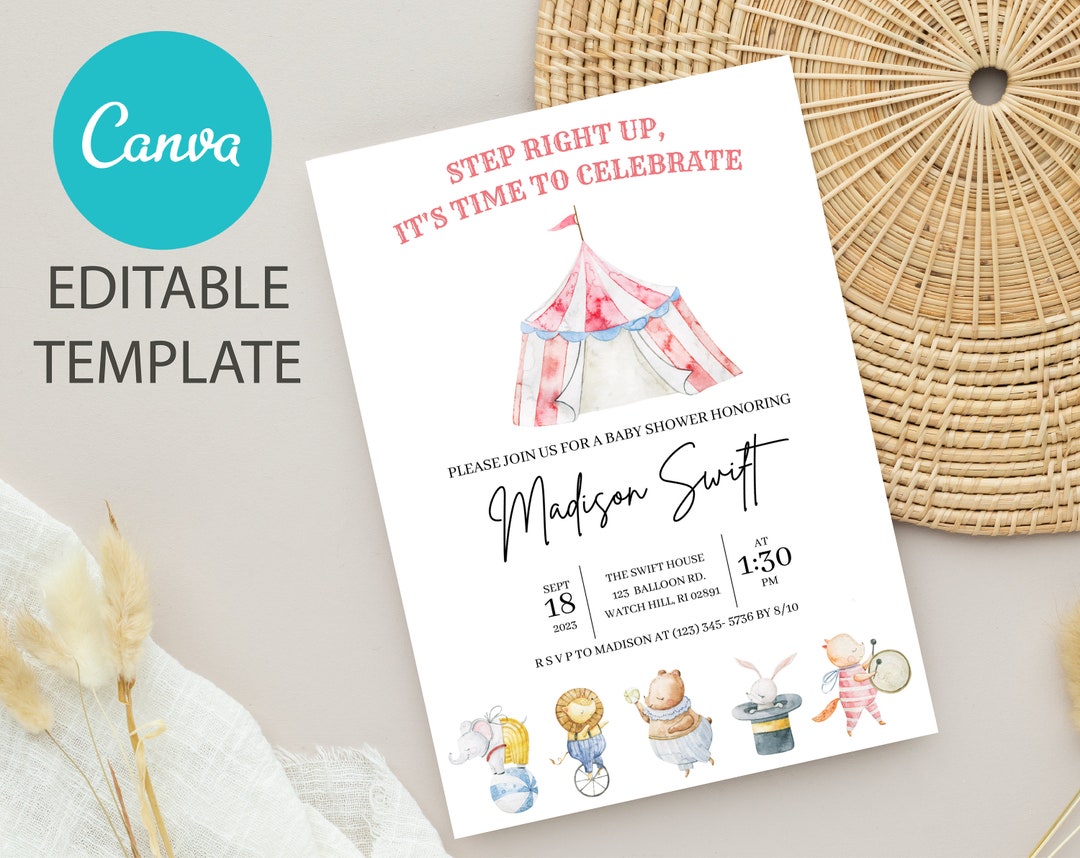 Circus Baby Shower Invitation Instant Download Self Edit on Canva CB001 ...