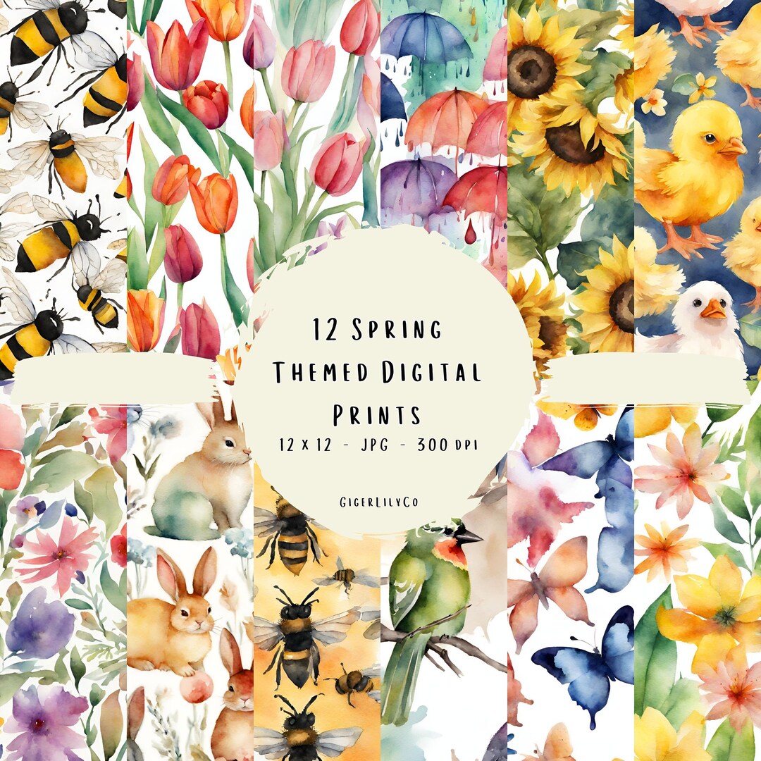 12 Digital Papers Spring Themed Wildlife Watercolor Scrapbook Craft ...