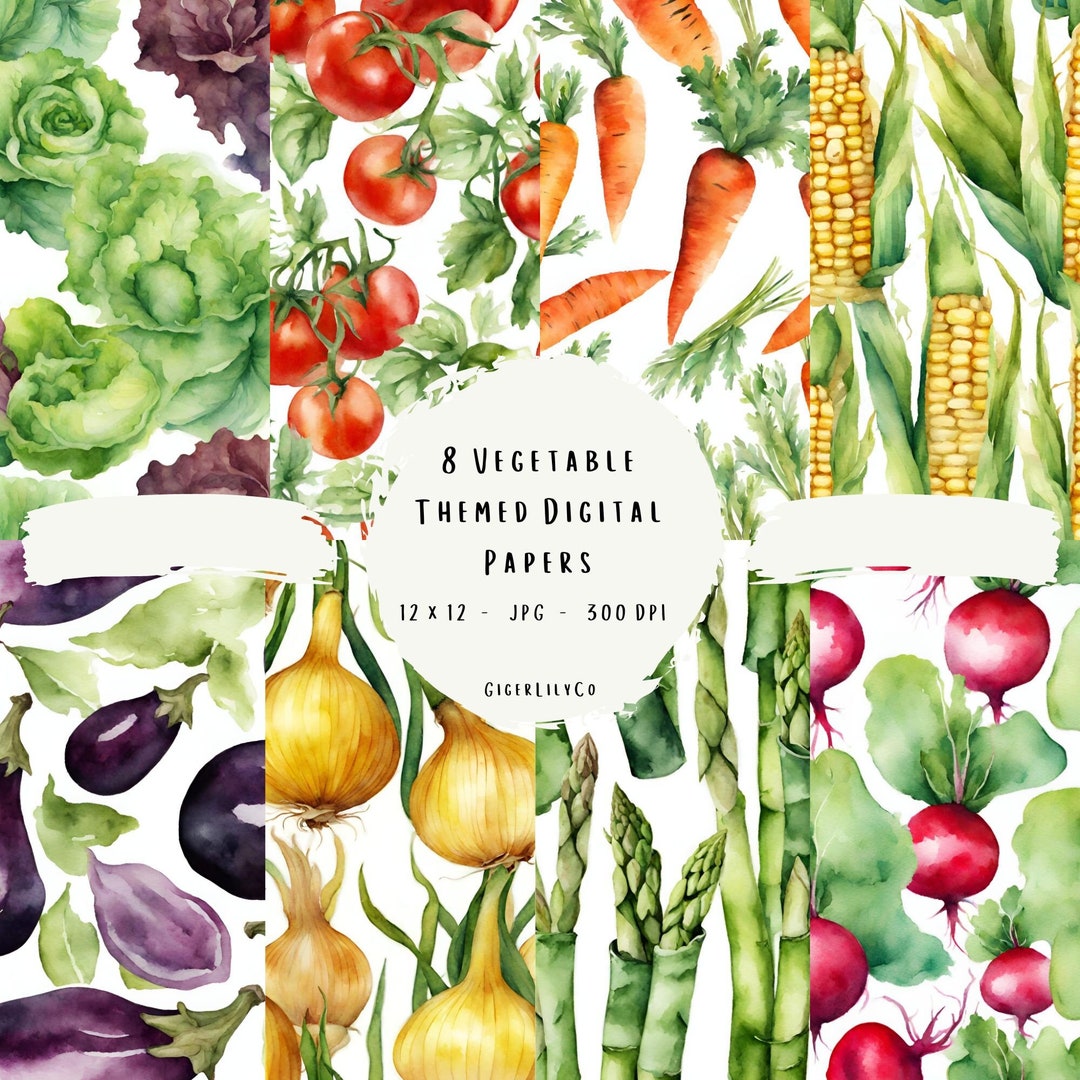 8 Digital Papers Vegetable Garden Themed Watercolor Scrapbook Craft ...