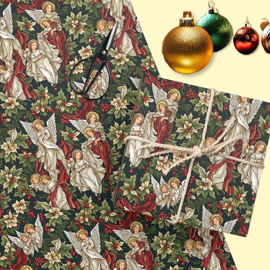Praying Angels Green Wrapping Paper | Religious Christmas Presents Wrap ...