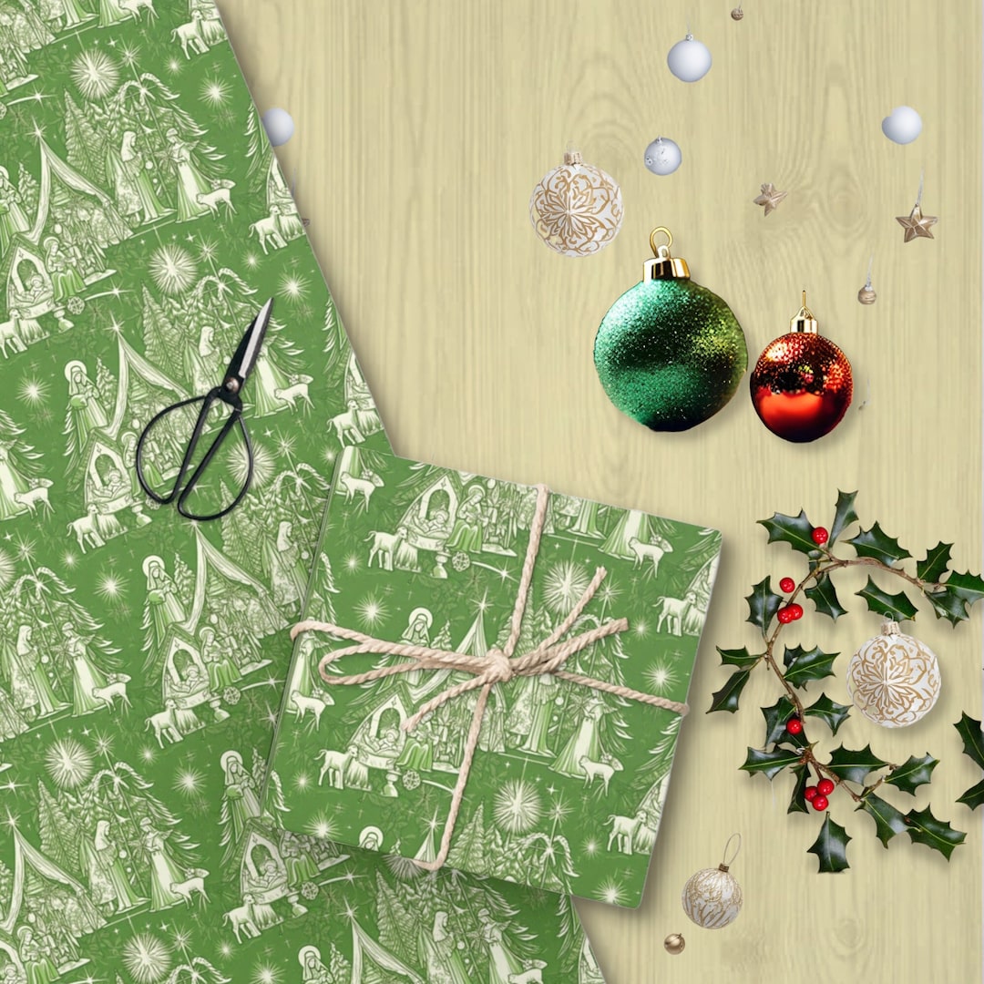 Catholic Nativity Toile Style Green and White Wrapping Paper ...
