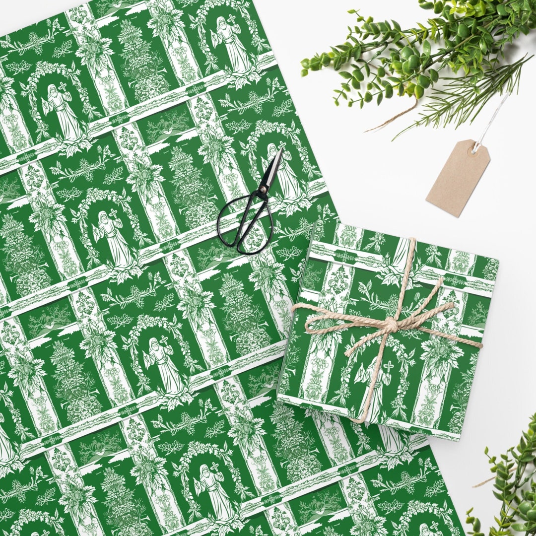 Christmas Monk Wrapping Paper | Green and White Toile | Religious Gift ...