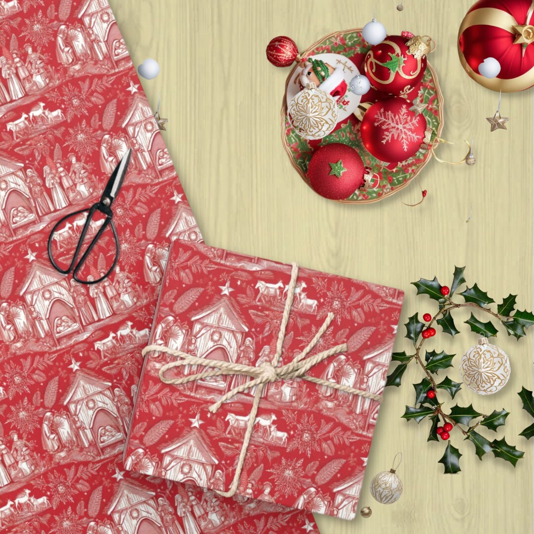 Catholic Nativity Toile Style Red and White Wrapping Paper | Christmas ...