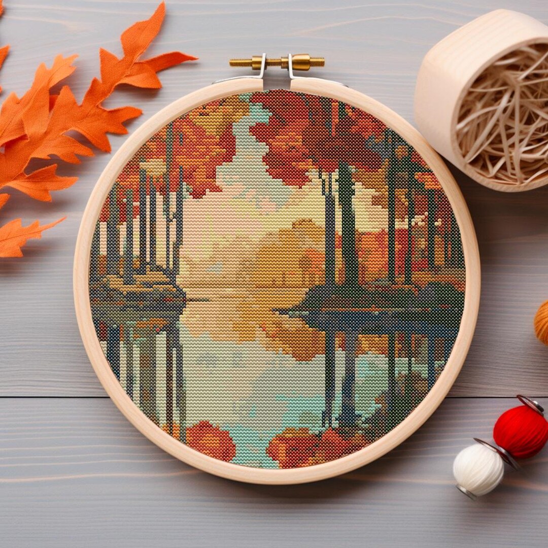 Autumn Forest Cross Stitch Pattern Nature Round Cross Stitch Woods and ...