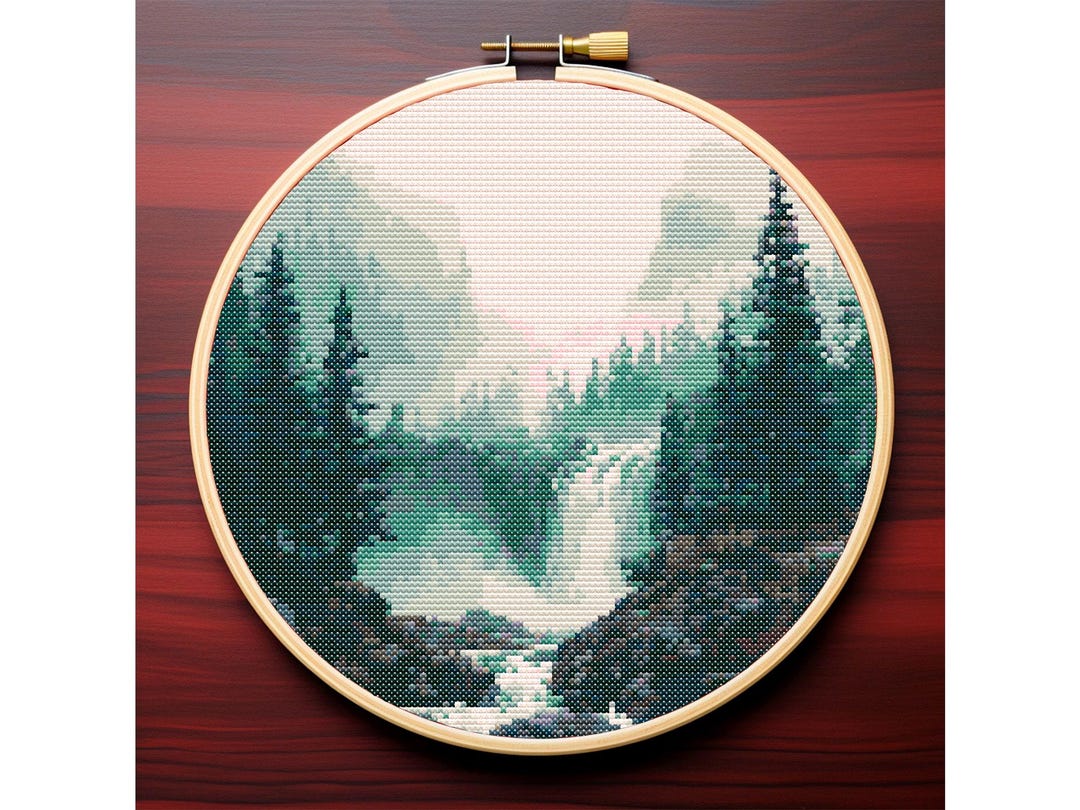 Mountain Waterfall Cross Stitch Pattern: Round Landscape Design (PDF ...