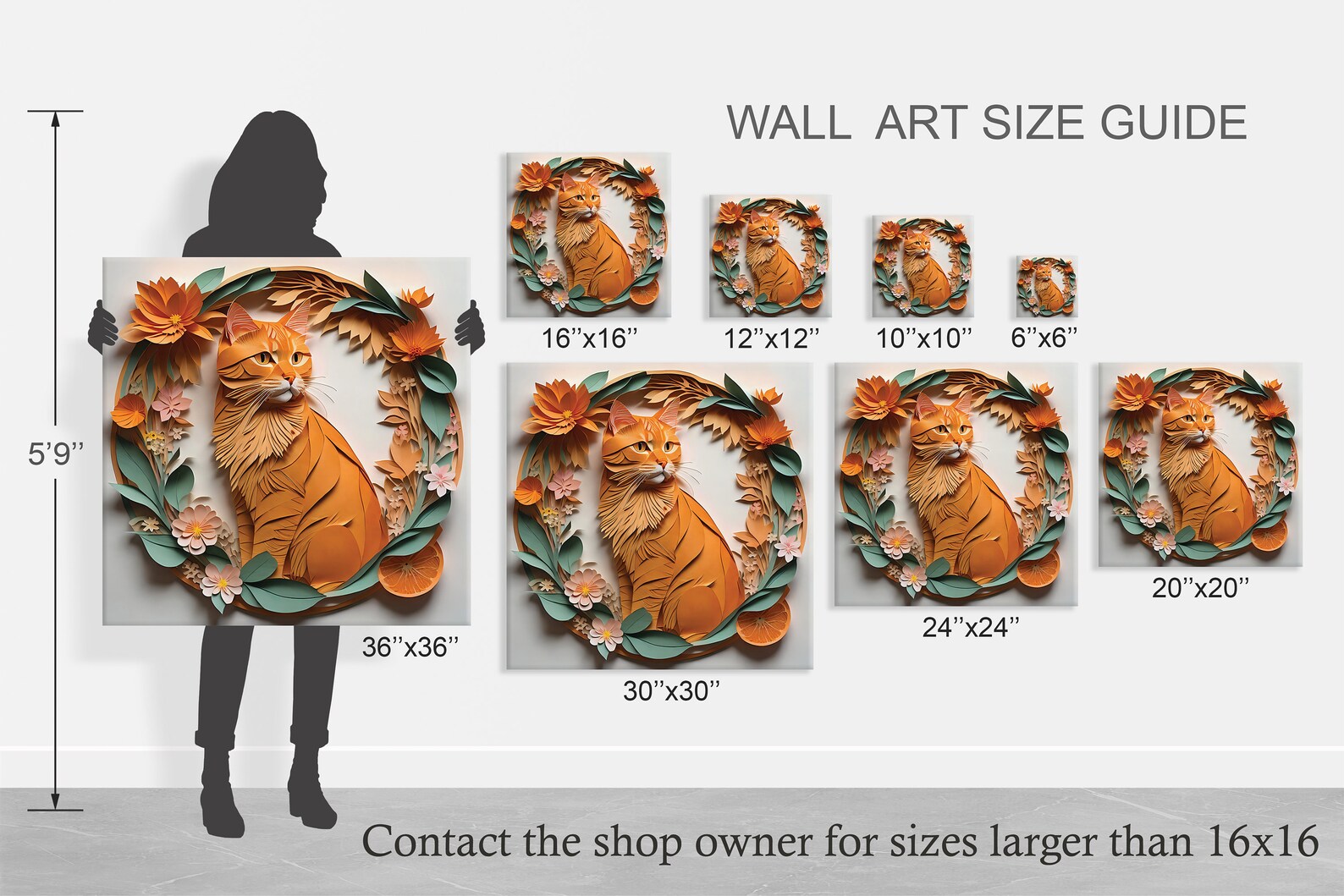 Orange Tabby Cat Papercut Imitation Style Canvas, Floral Art Print for ...