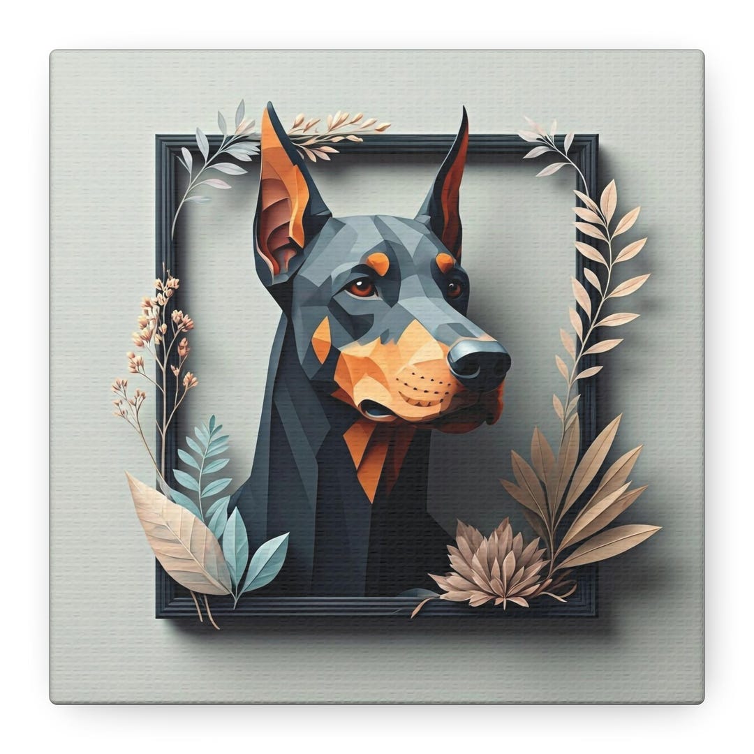 Doberman Portrait Wall Art With Botanical Frame - Unique Pet Memorial ...