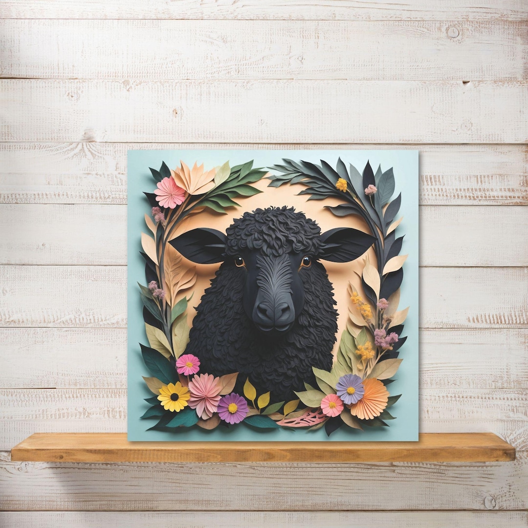 Black Sheep Wall Art With Floral Accents - 3D Illusion Paper Imitation ...
