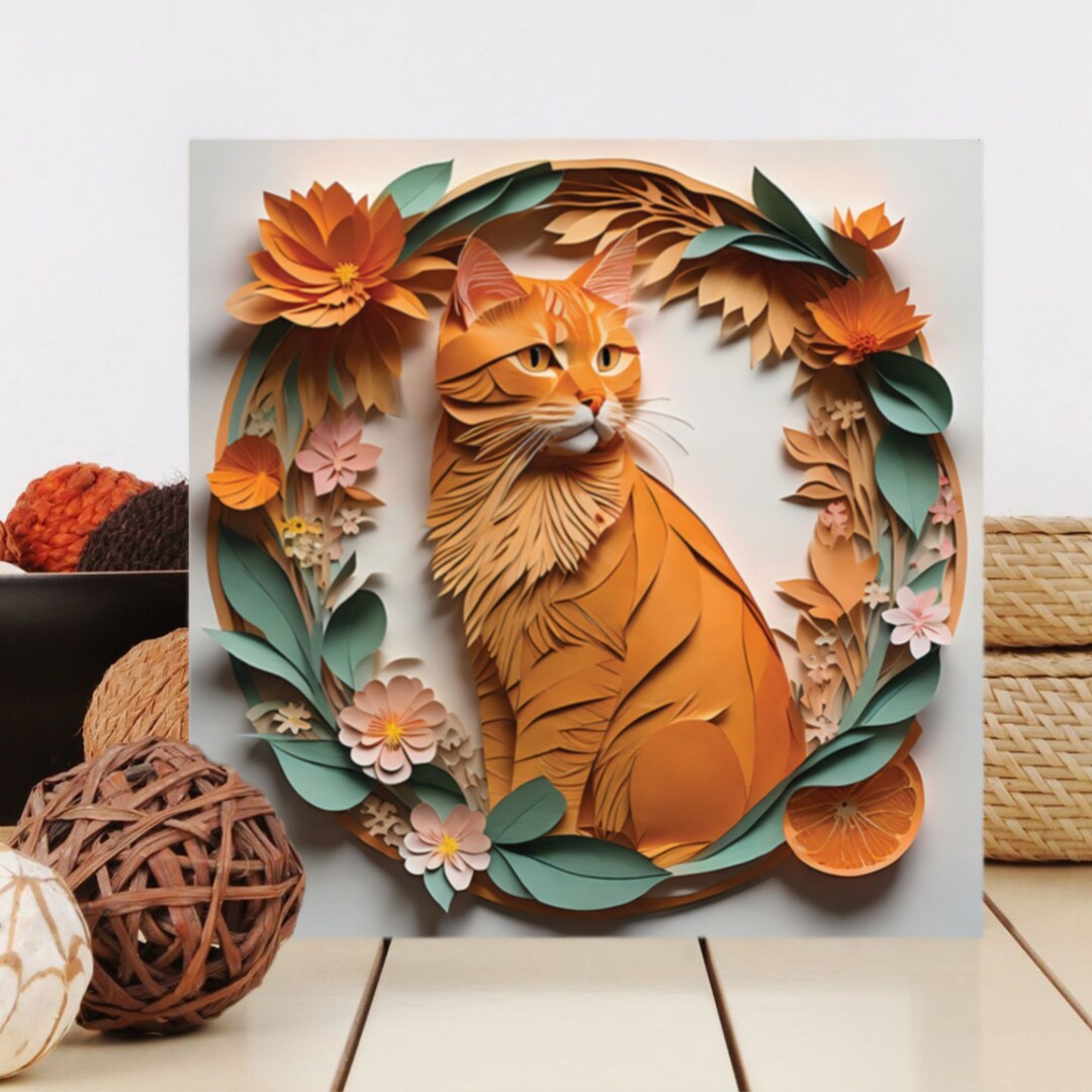 Orange Tabby Cat Papercut Imitation Style Canvas, Floral Art Print for ...