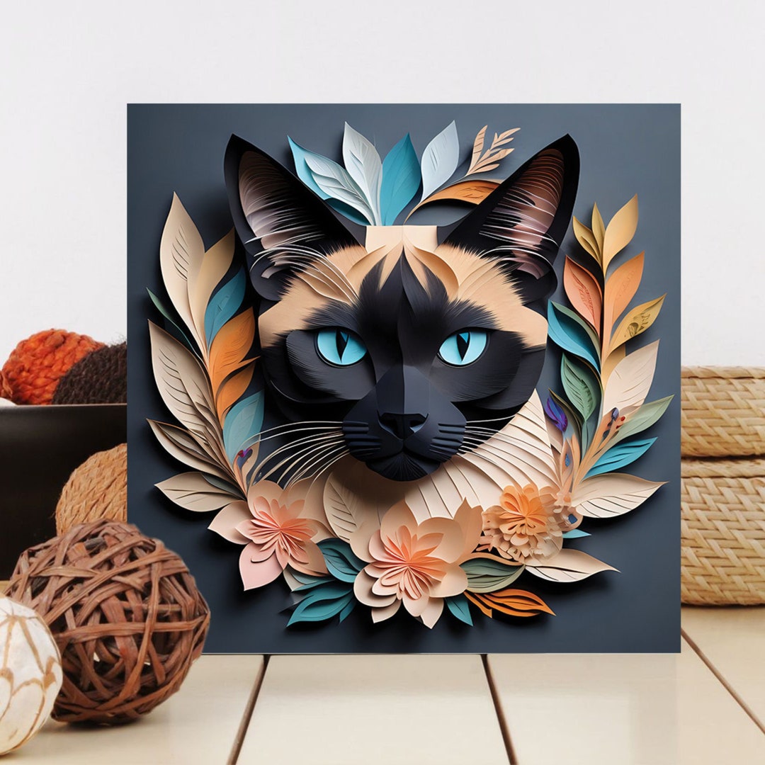Siamese Cat Portrait on Canvas, Papercut Imitation Feline Art Print for ...