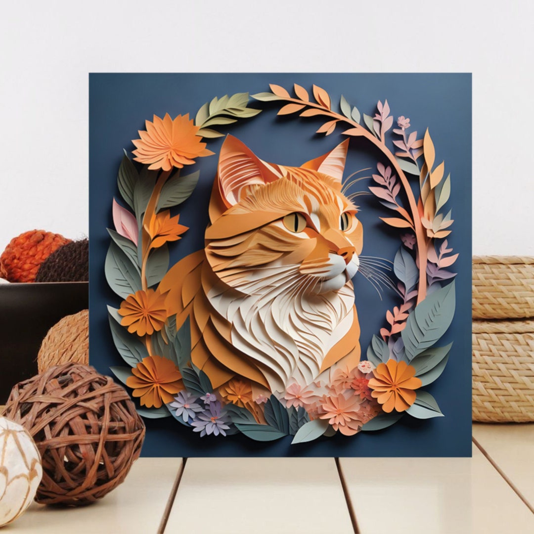 Orange Tabby Cat Floral Papercut Style Canvas, Cat Enthusiast Cat Lover ...