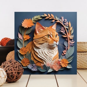 Orange Tabby Cat Floral Papercut Style Canvas, Cat Enthusiast Cat Lover ...