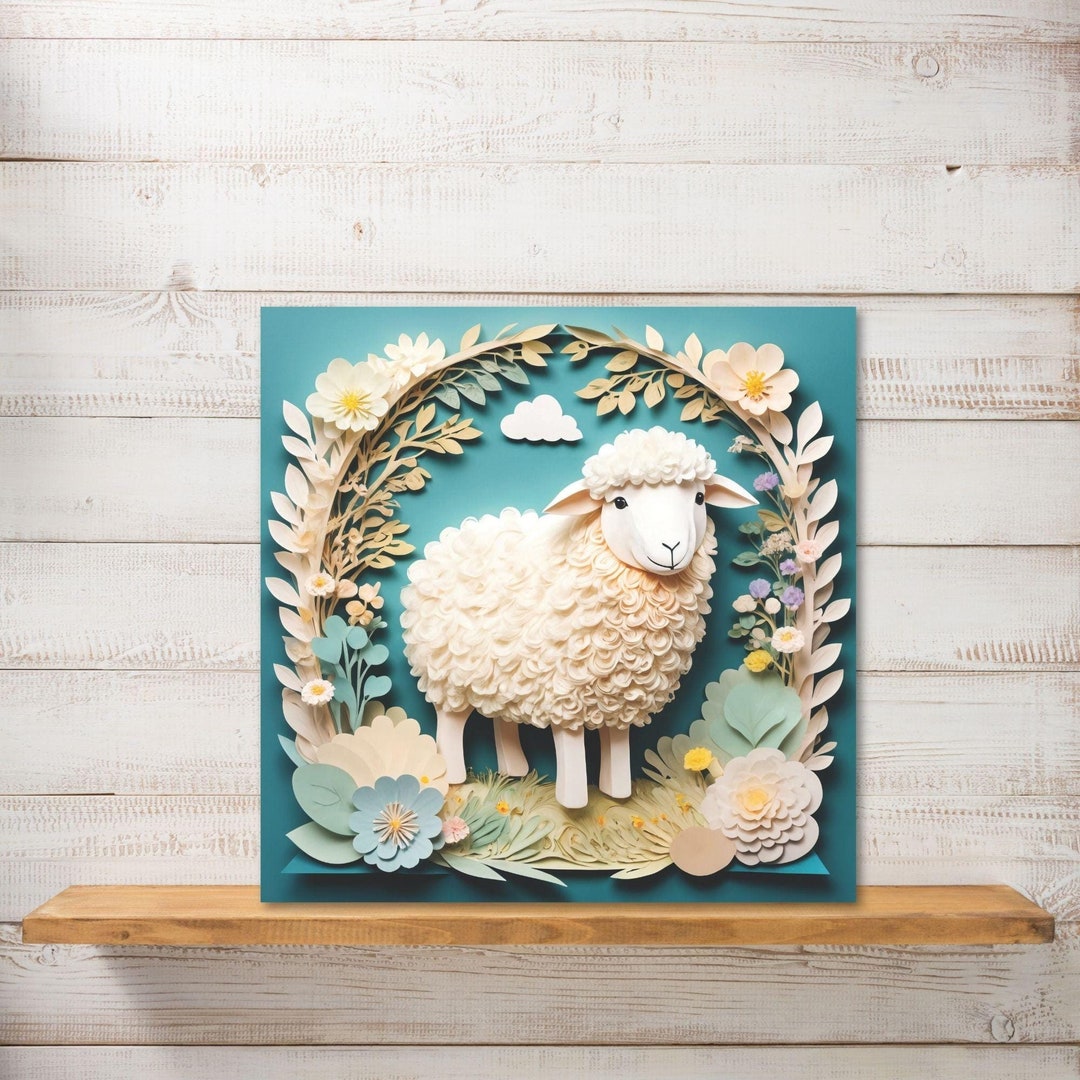 White Sheep Wall Art With Floral and Nature Accents - 3D Illusion Paper ...