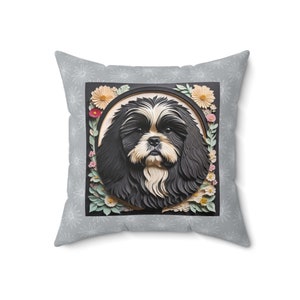 Black and White Shih Tzu Portrait Pillow, Vintage Craft Style Dog Lover ...