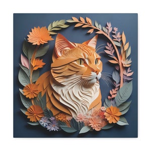 Orange Tabby Cat Floral Papercut Style Canvas, Cat Enthusiast Cat Lover ...