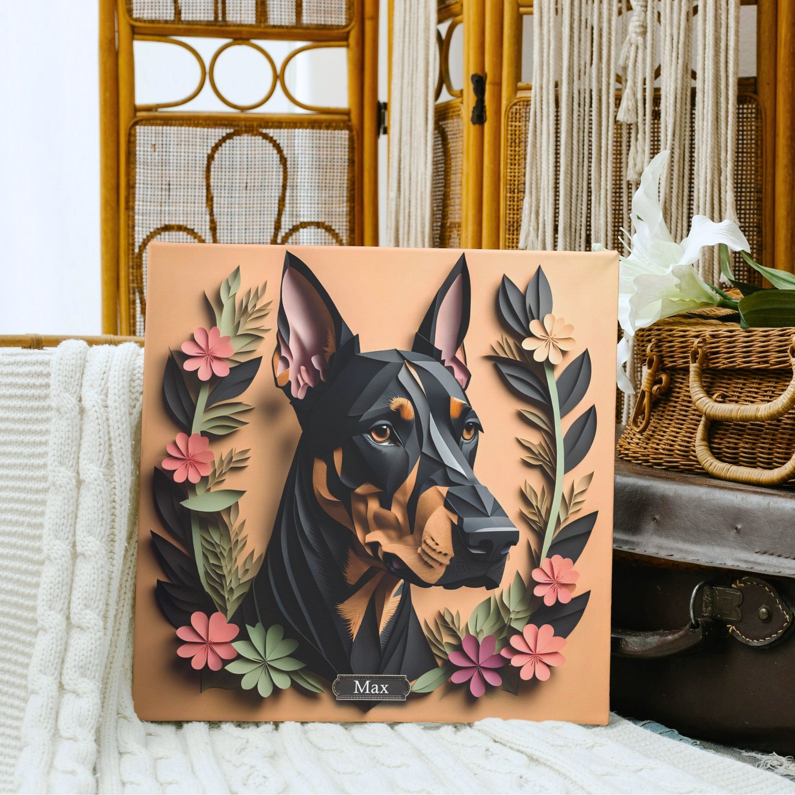 Doberman Portrait on Sandy Background With Name Personalization in ...