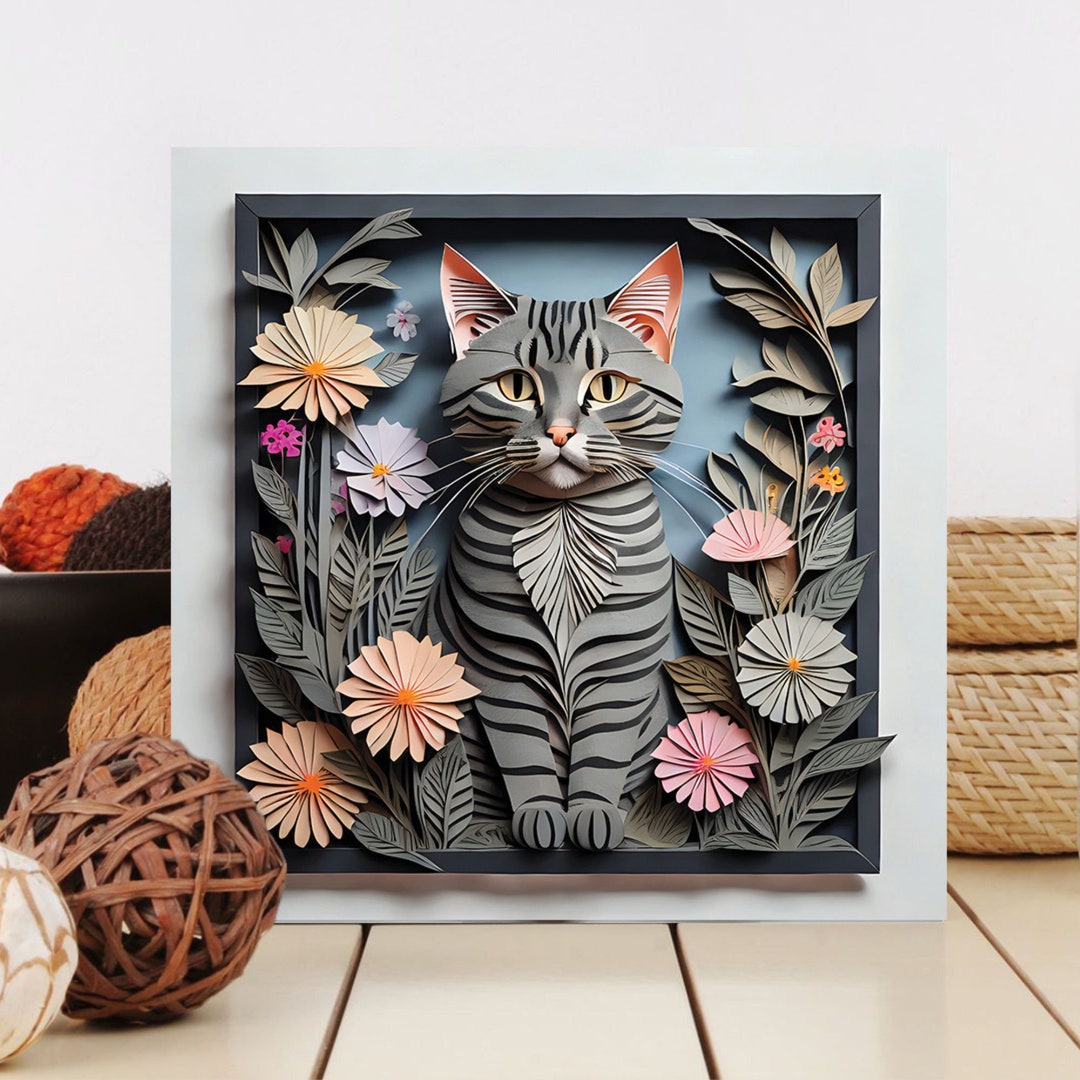 Gray Striped Cat Papercut Imitation Style Canvas, Feline Art Print for ...