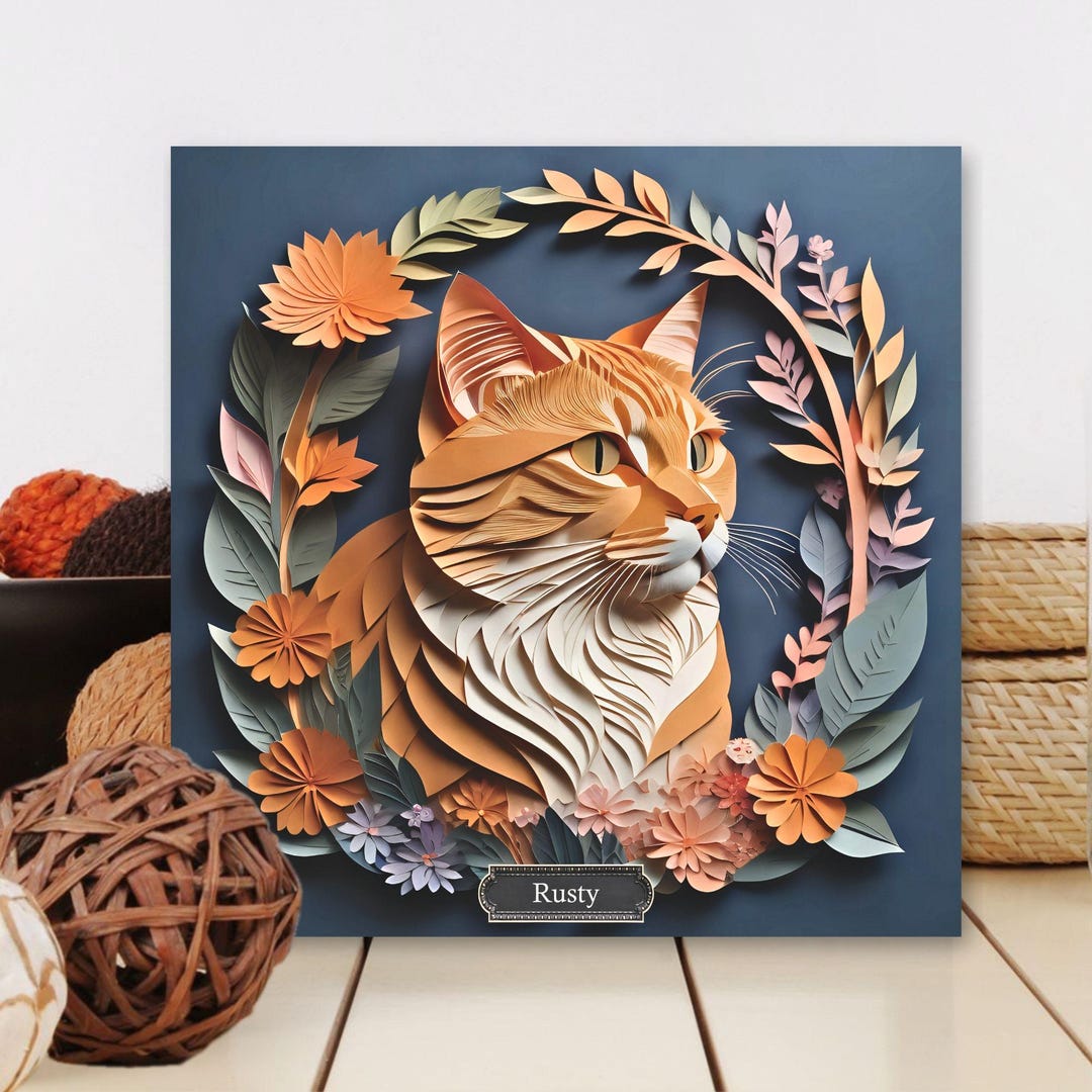 Orange Tabby Cat Floral Craft Style Canvas, Cat Enthusiast Cat Lover ...
