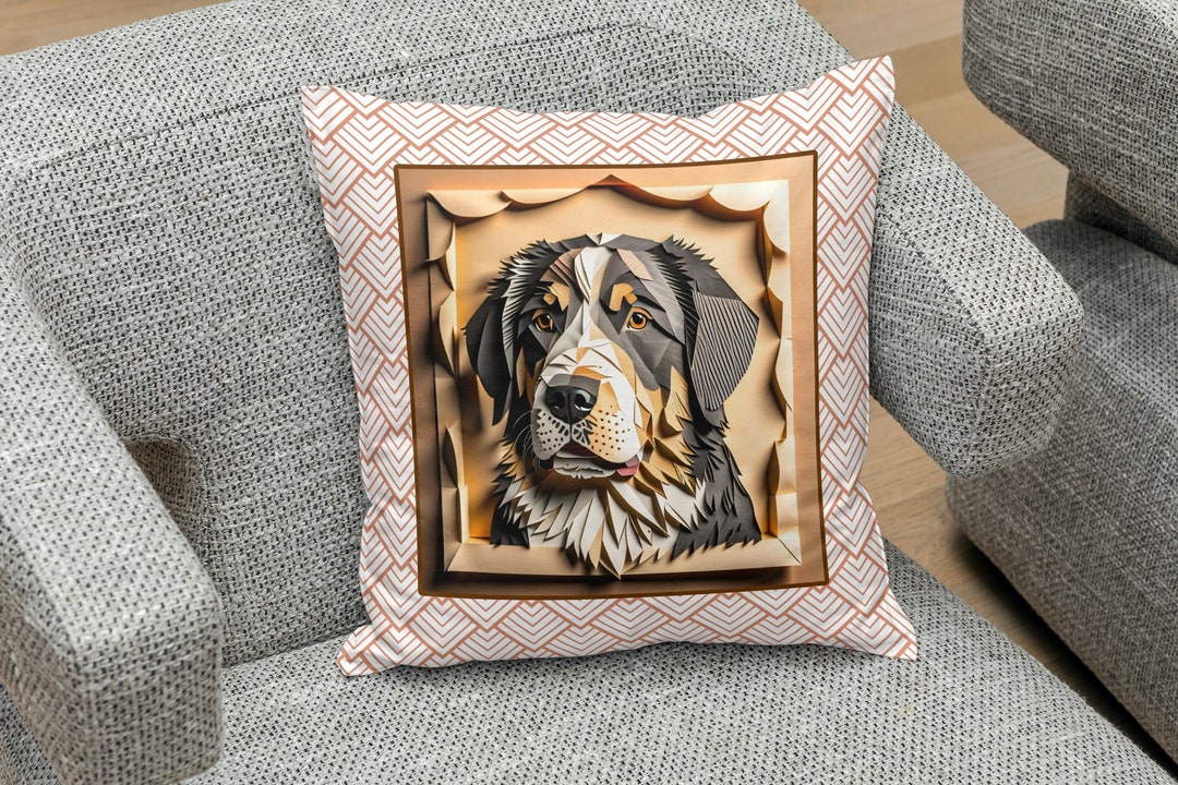 Bernese Mountain Dog Boho Square Pillow, Papercut Imitation Design ...