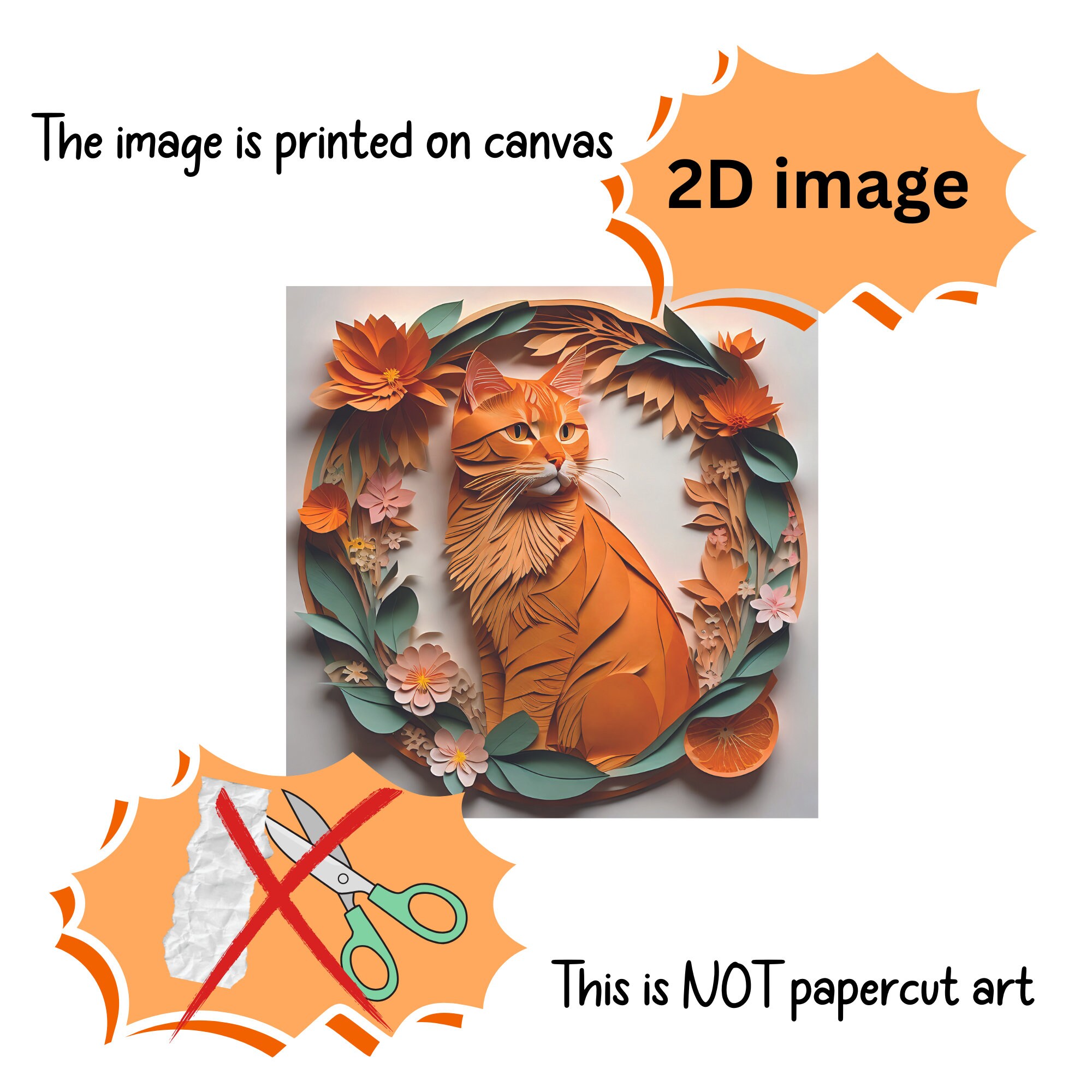 Orange Tabby Cat Papercut Imitation Style Canvas, Floral Art Print for ...