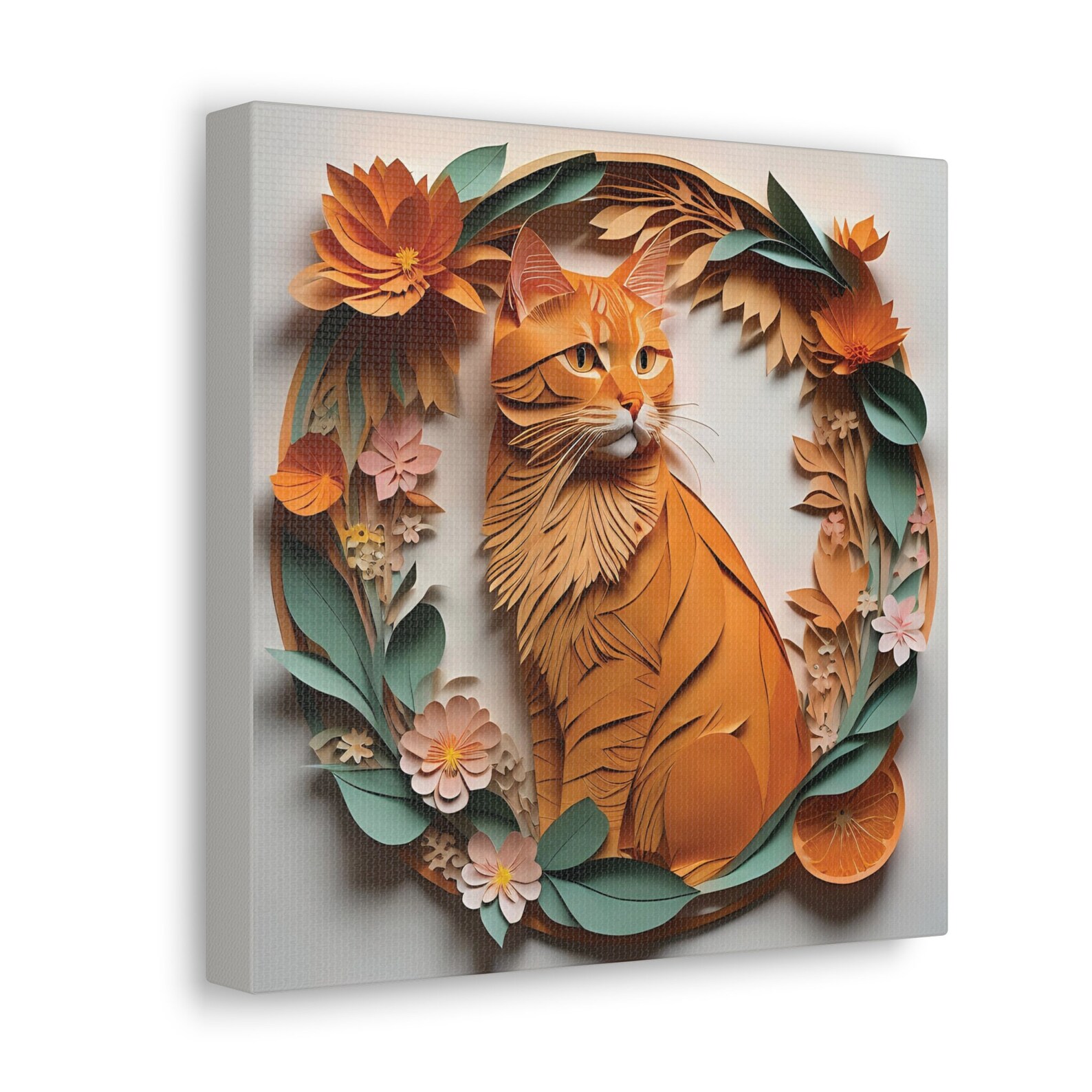 Orange Tabby Cat Papercut Imitation Style Canvas, Floral Art Print for ...