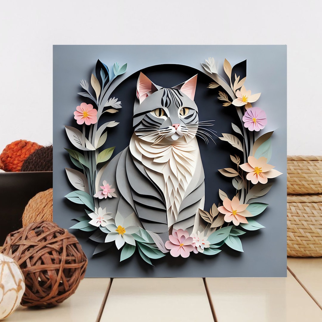 Gray and White Striped Cat Papercut Imitation Style Canvas, Feline Art ...