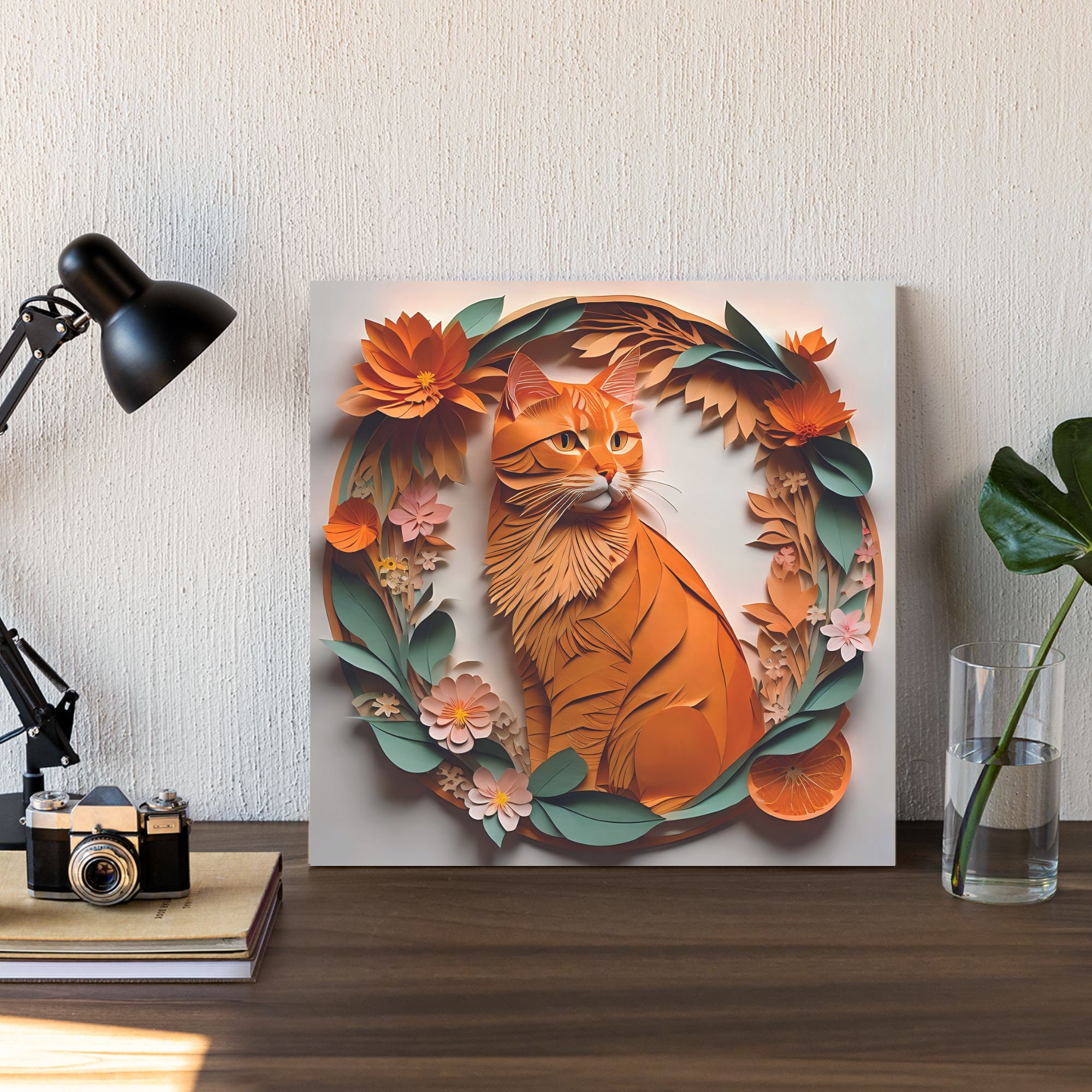 Orange Tabby Cat Papercut Imitation Style Canvas, Floral Art Print for ...