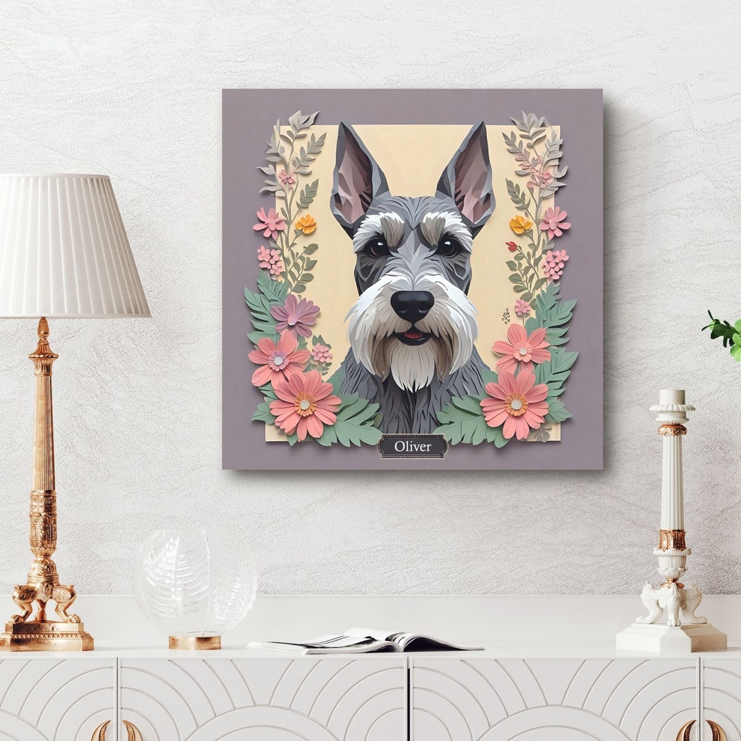 Sable Schnauzer With Cropped Ears in a Flower Arrangement, Dog Lover ...