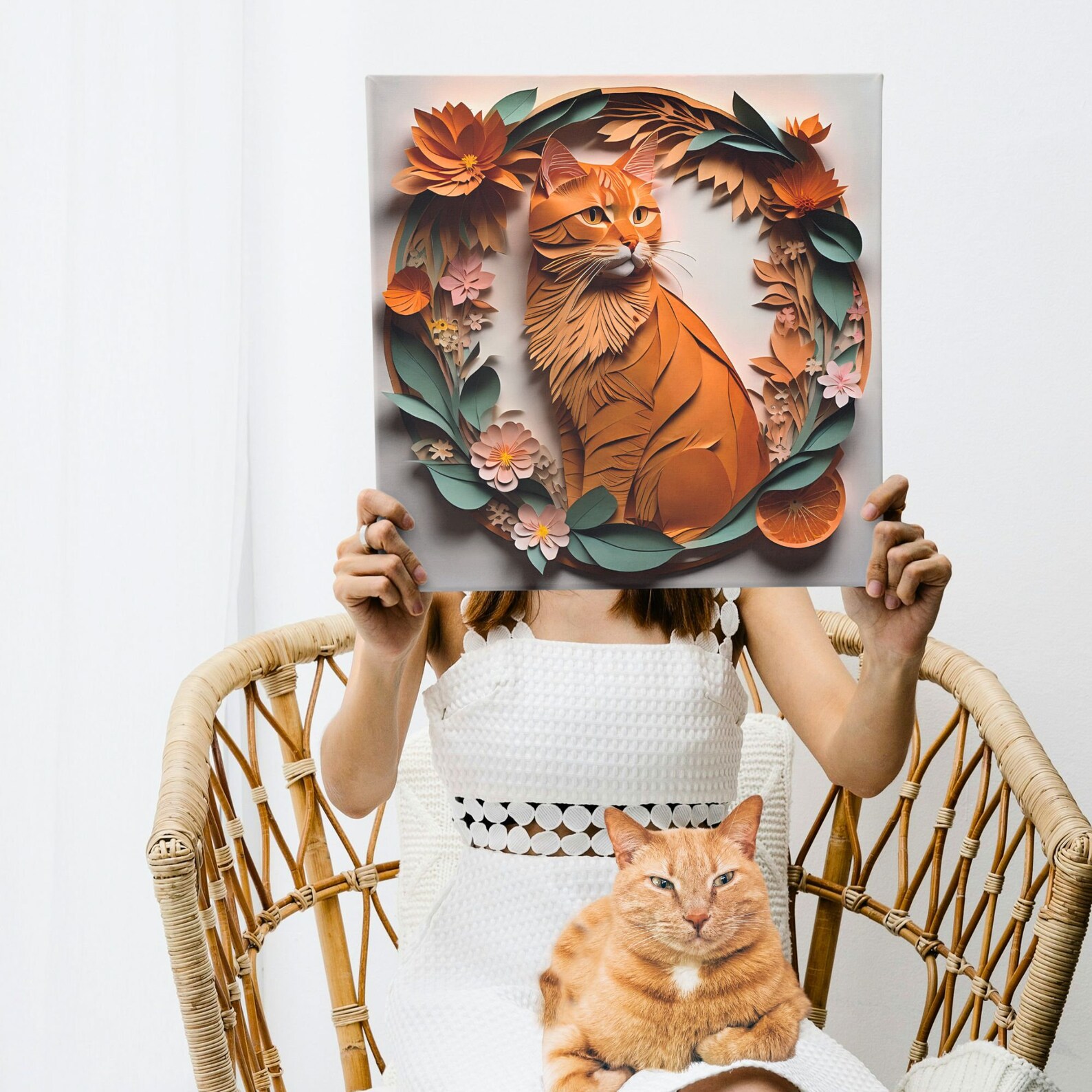 Orange Tabby Cat Papercut Imitation Style Canvas, Floral Art Print for ...