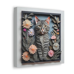 Gray Striped Cat Papercut Imitation Style Canvas, Feline Art Print for ...