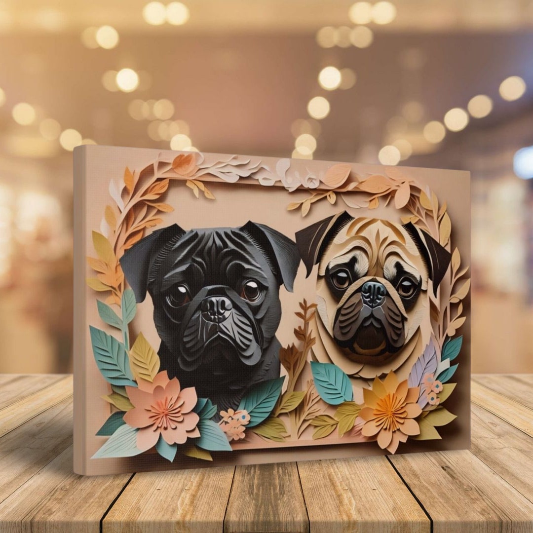 Two Pugs Portrait, Black and Fawn Pug Vintage Style Art, Pug Lover ...