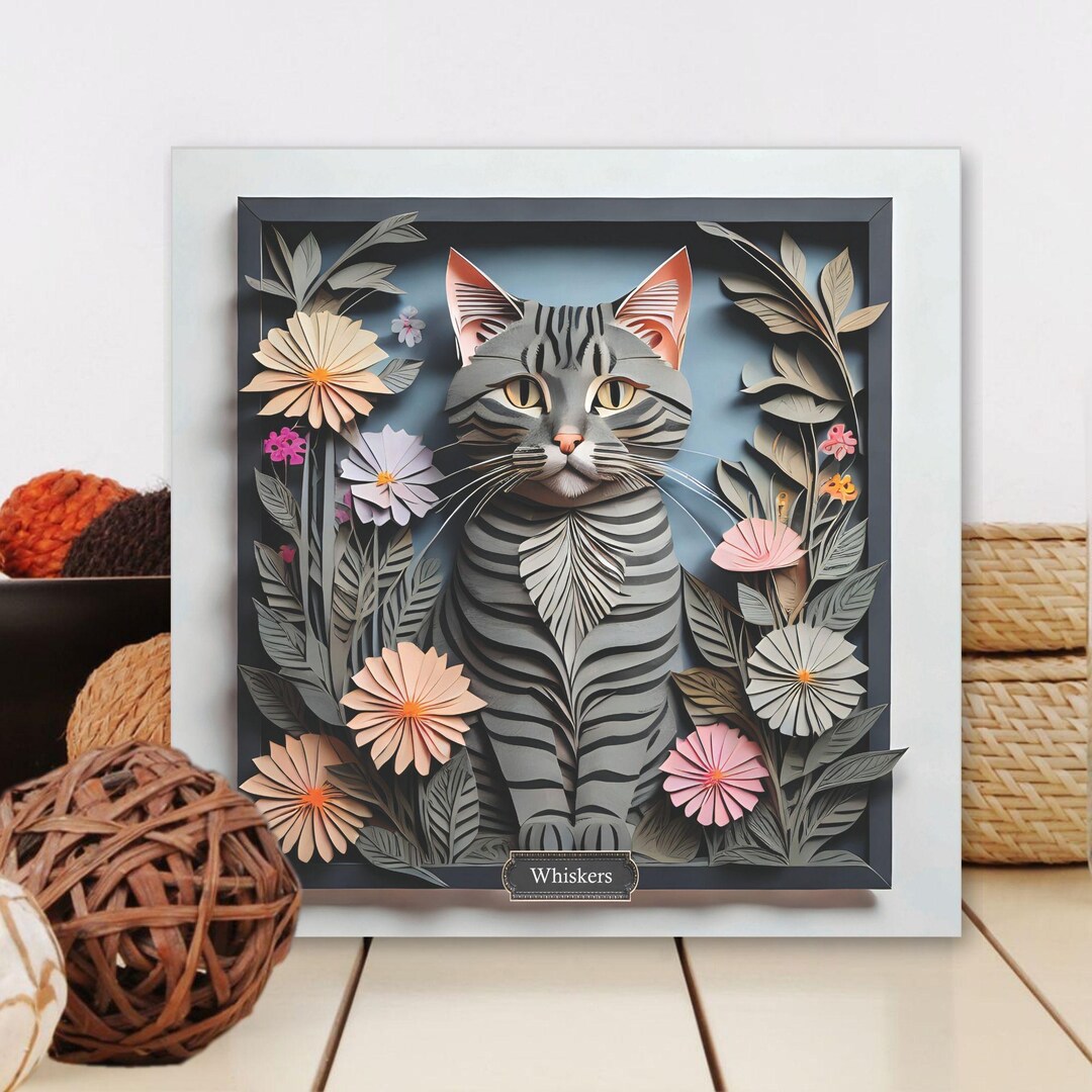 Gray Striped Cat Papercut Imitation Style Canvas, Feline Art Print for ...