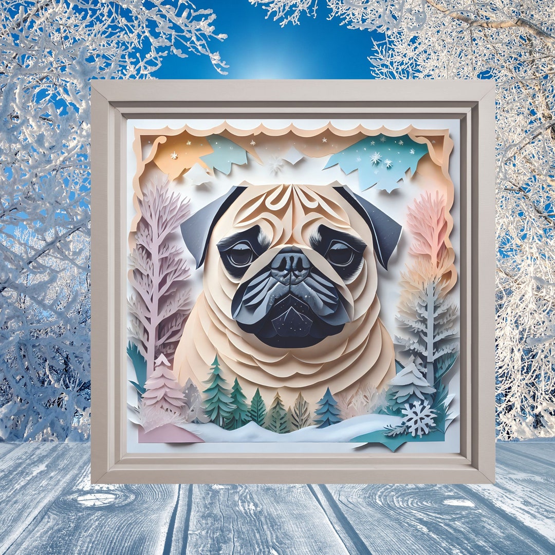 Pug Winter Wonderland Portrait, Papercut Imitation Dog Lover Wall Art ...