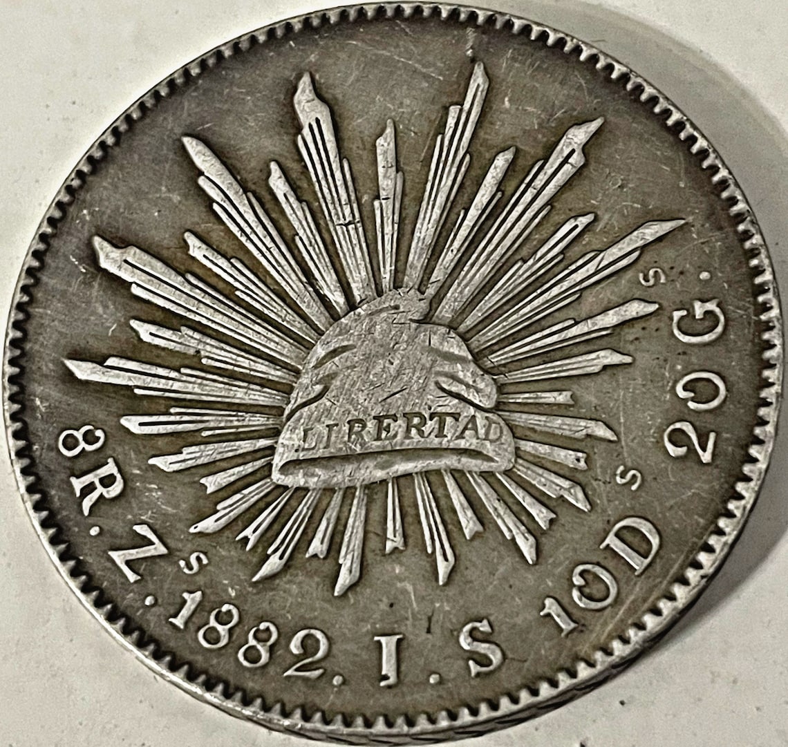 1882 Republica Mexicana Coin 8R.Z.1882.J.S.10D.20G Silver Coin 27.04ggrams Rare Gray Shiny Tone ...