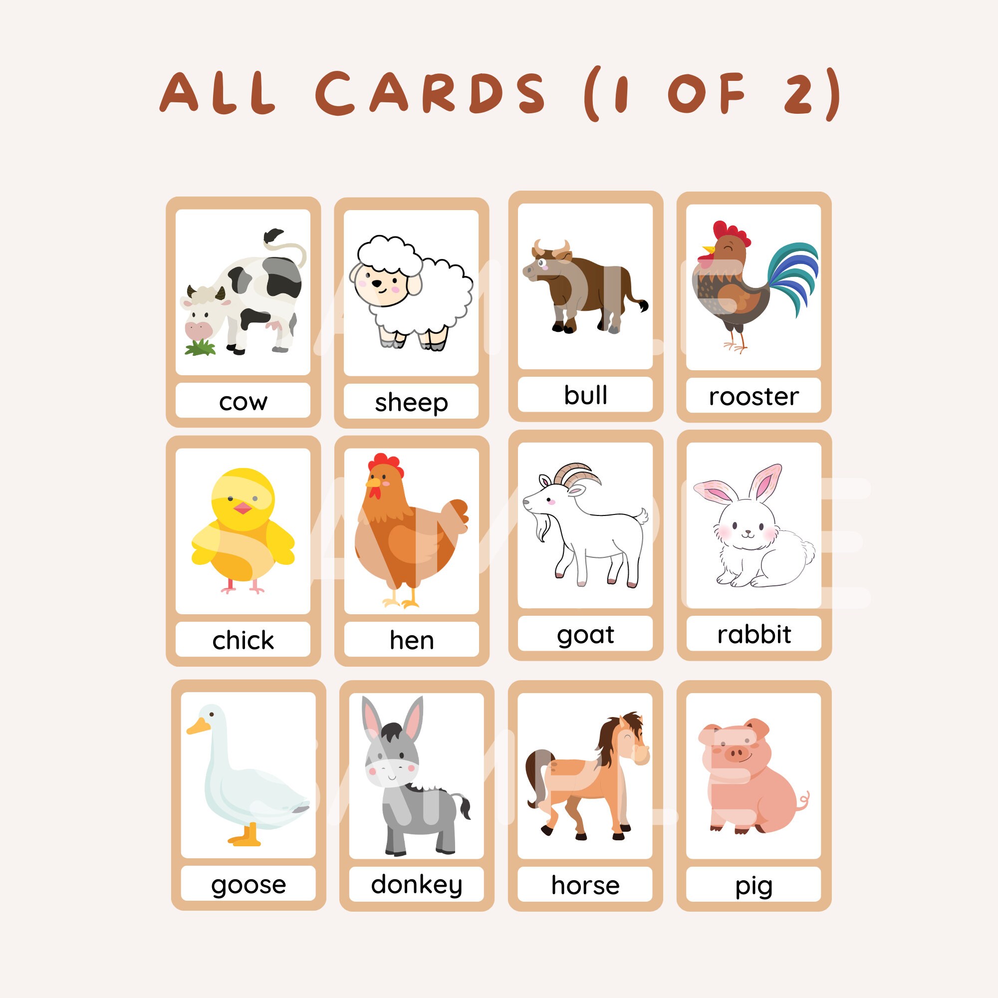 Farm Animals, Engaging Flashcards for Toodlers - Etsy