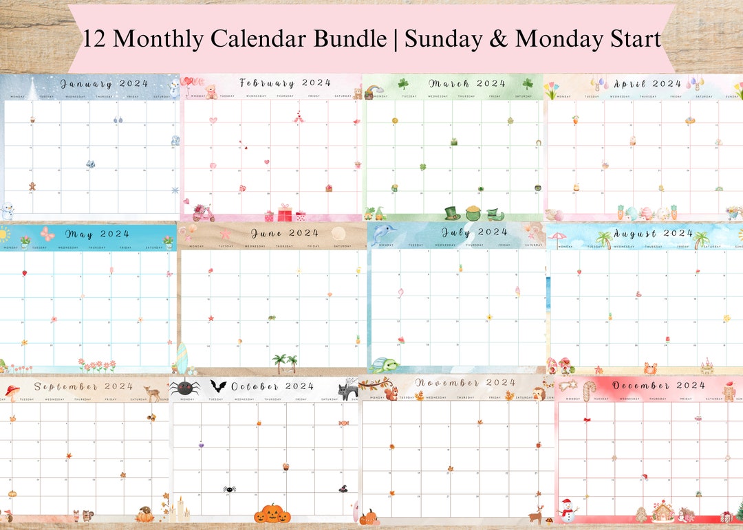 Monthly Calendar 2024 Bundle Printable Fillable Monthly Calendar 2024 ...