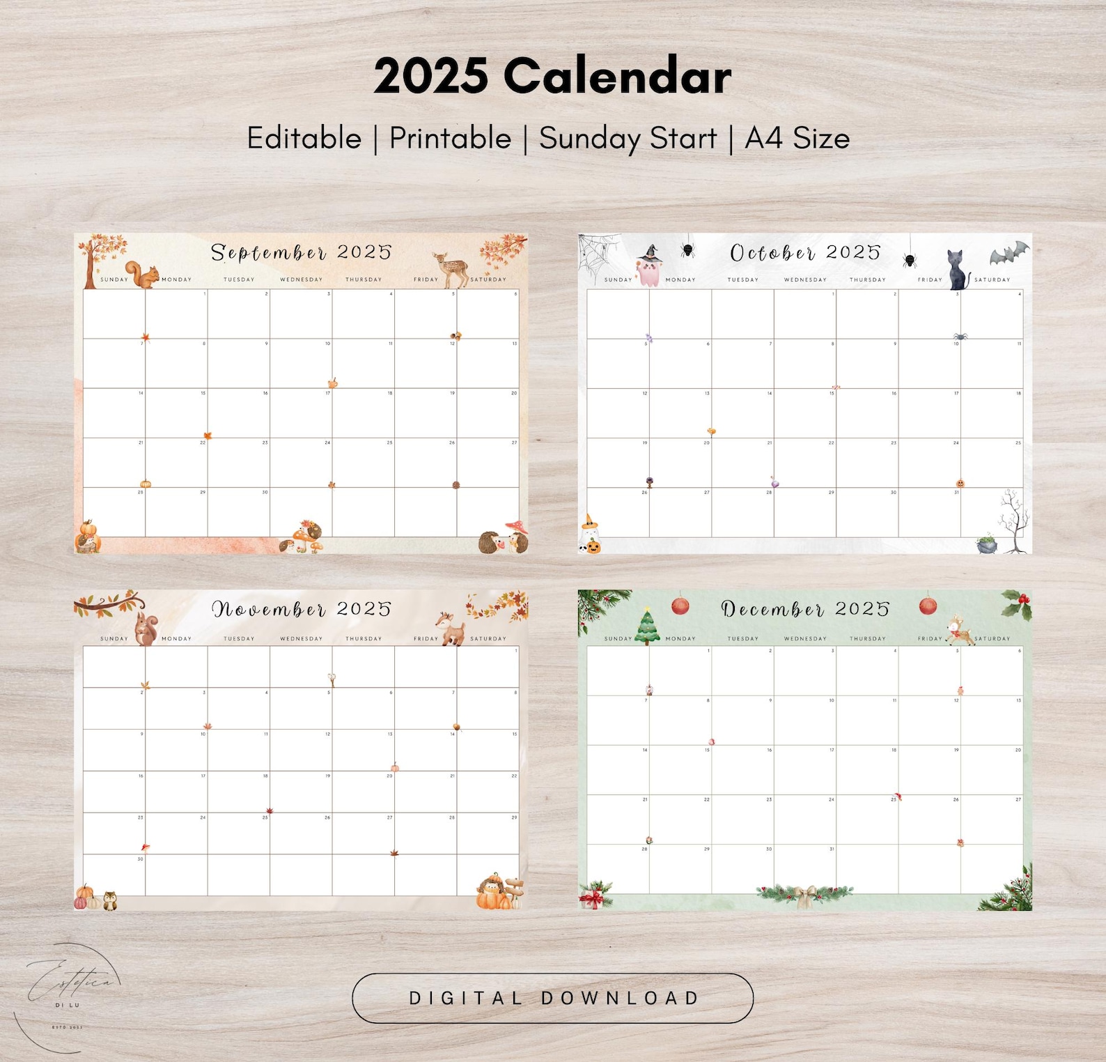 2025 Monthly Calendar Bundle: Themed Printable, Fillable PDF (sunday ...
