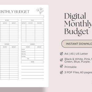 Digital Monthly Incomes, Expenses & Budget Tracker | Printable | A4 ...