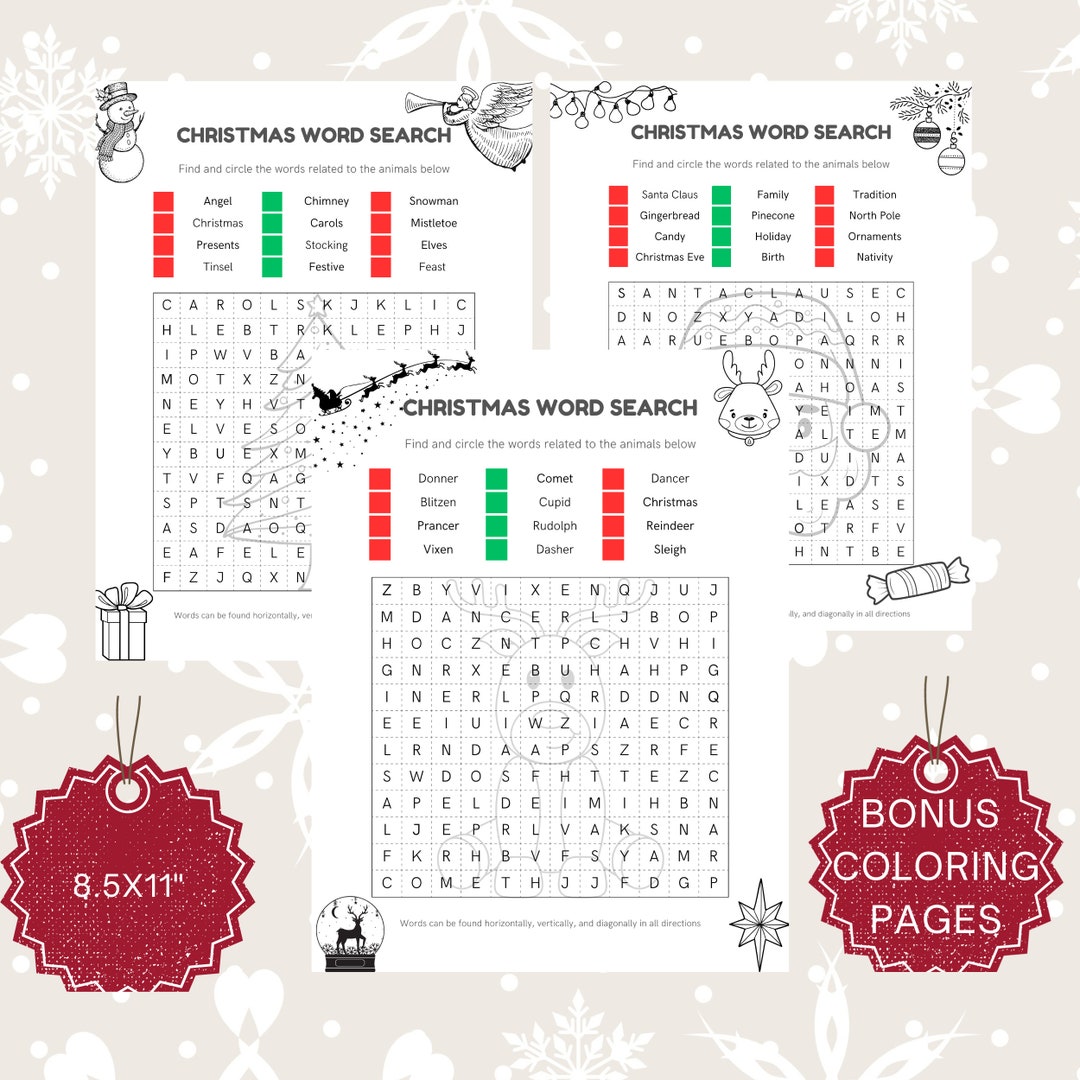 Christmas Word Search Games With Bonus Coloring Pages (PDF Download) - Etsy