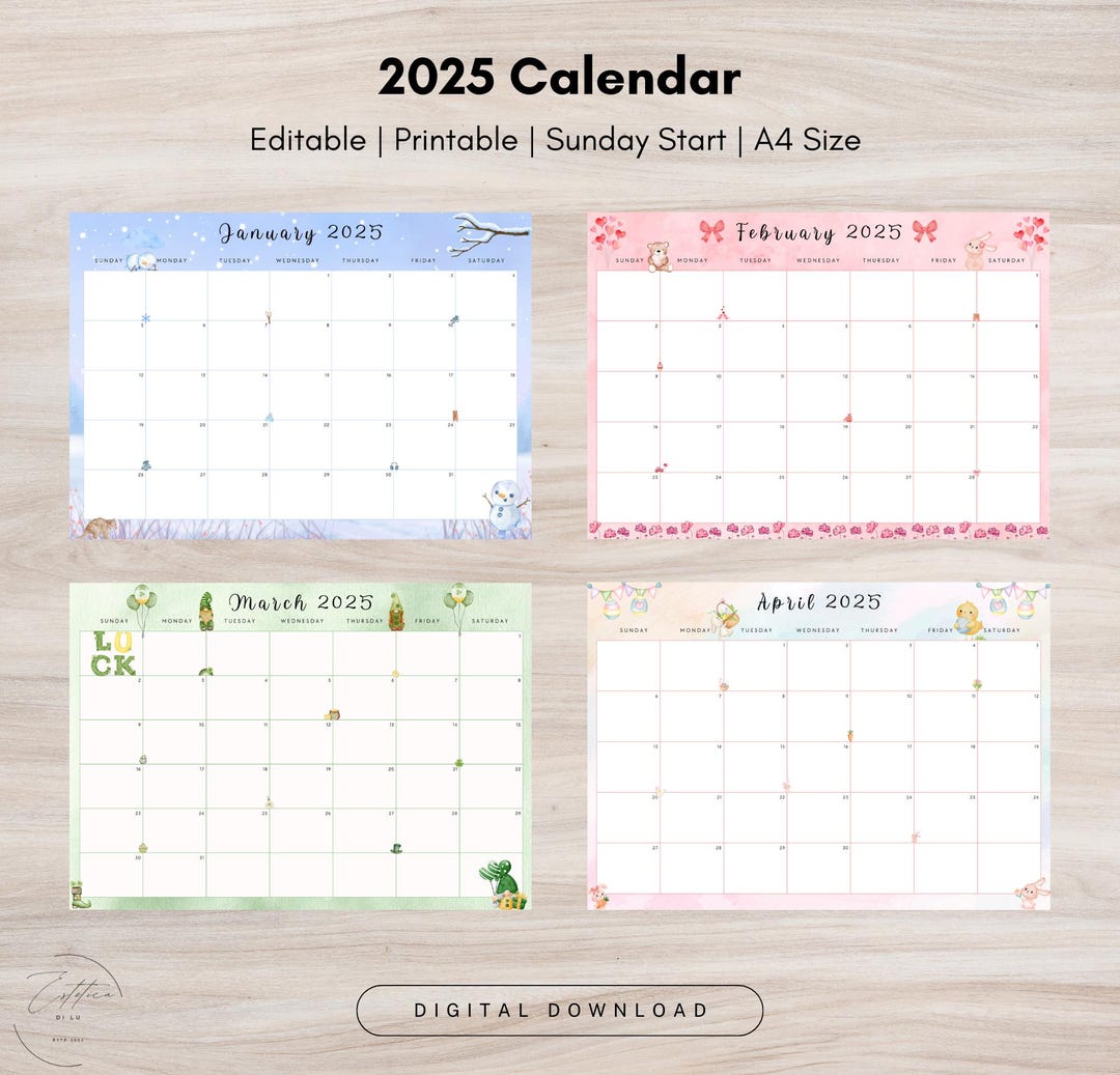 2025 Monthly Calendar Bundle: Themed Printable, Fillable PDF (sunday ...