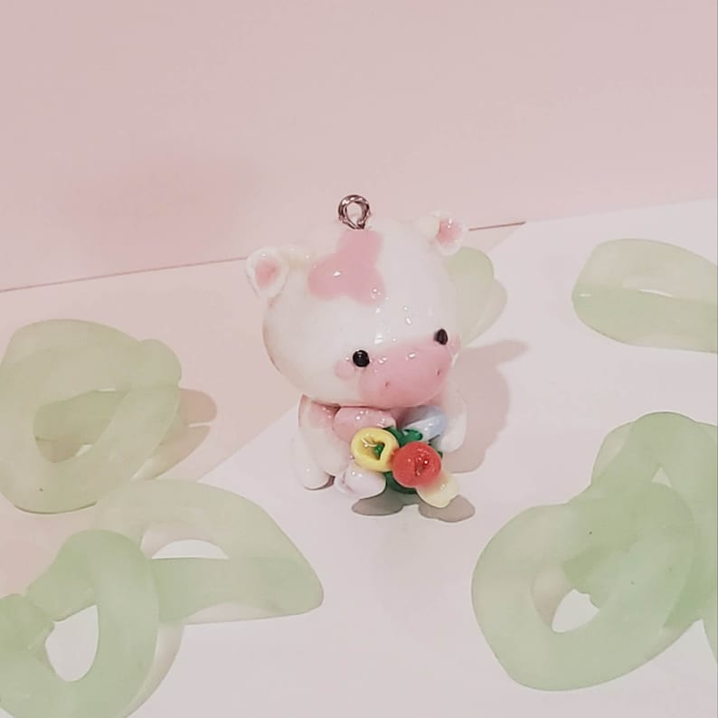 Pinky the Cow, Cow Keychain, Pink/ Strawberry Cow, Polymer Clay ...