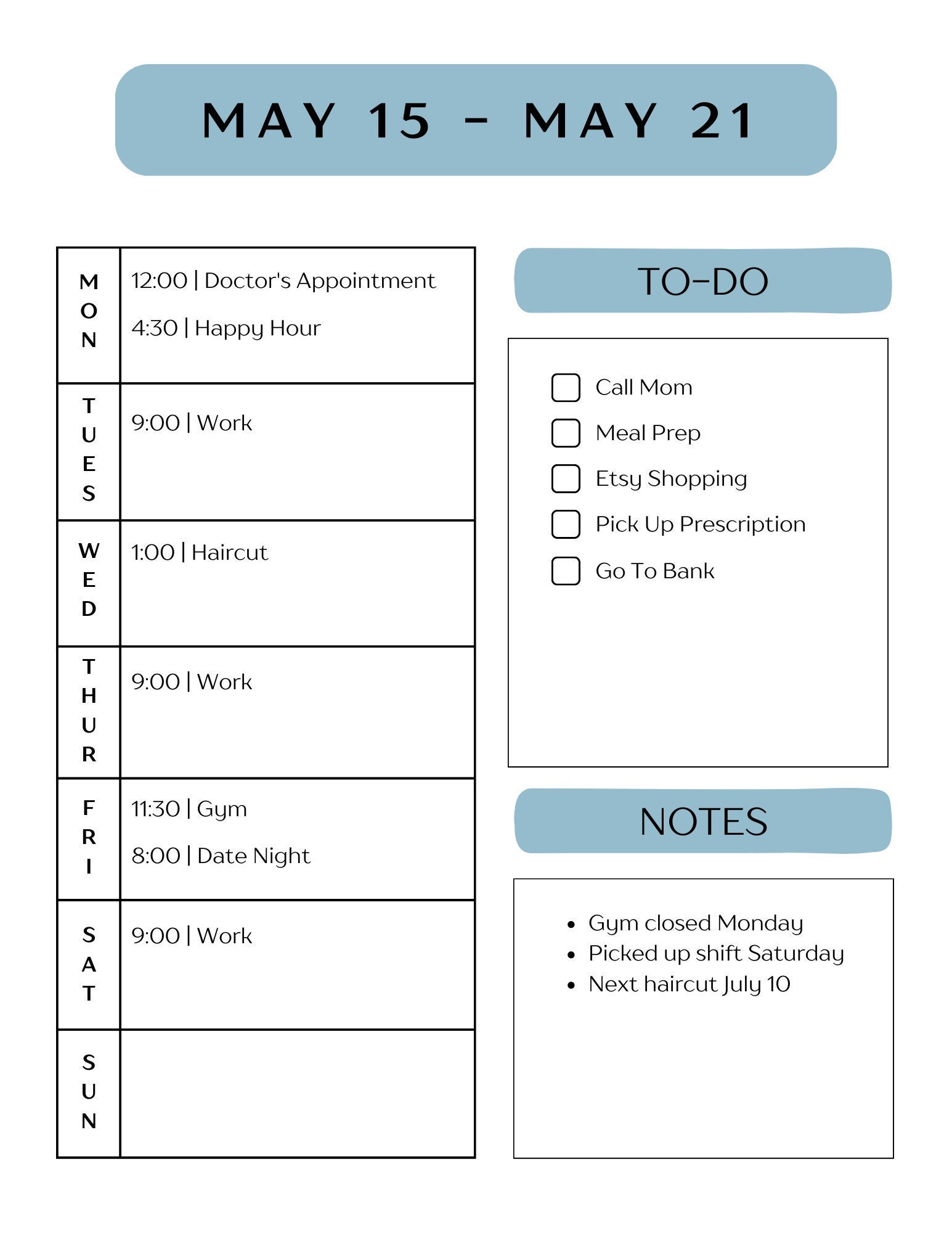 Blue Weekly Planner Template, Simple, Adhd-friendly, Customizable ...
