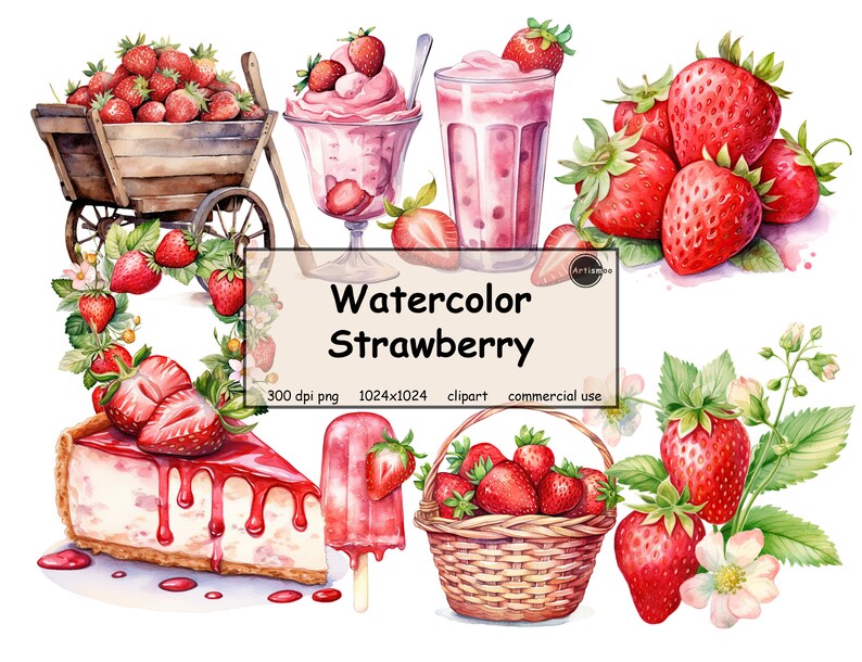 Watercolor Strawberry Clipart PNG Format Transparent Background Instant ...