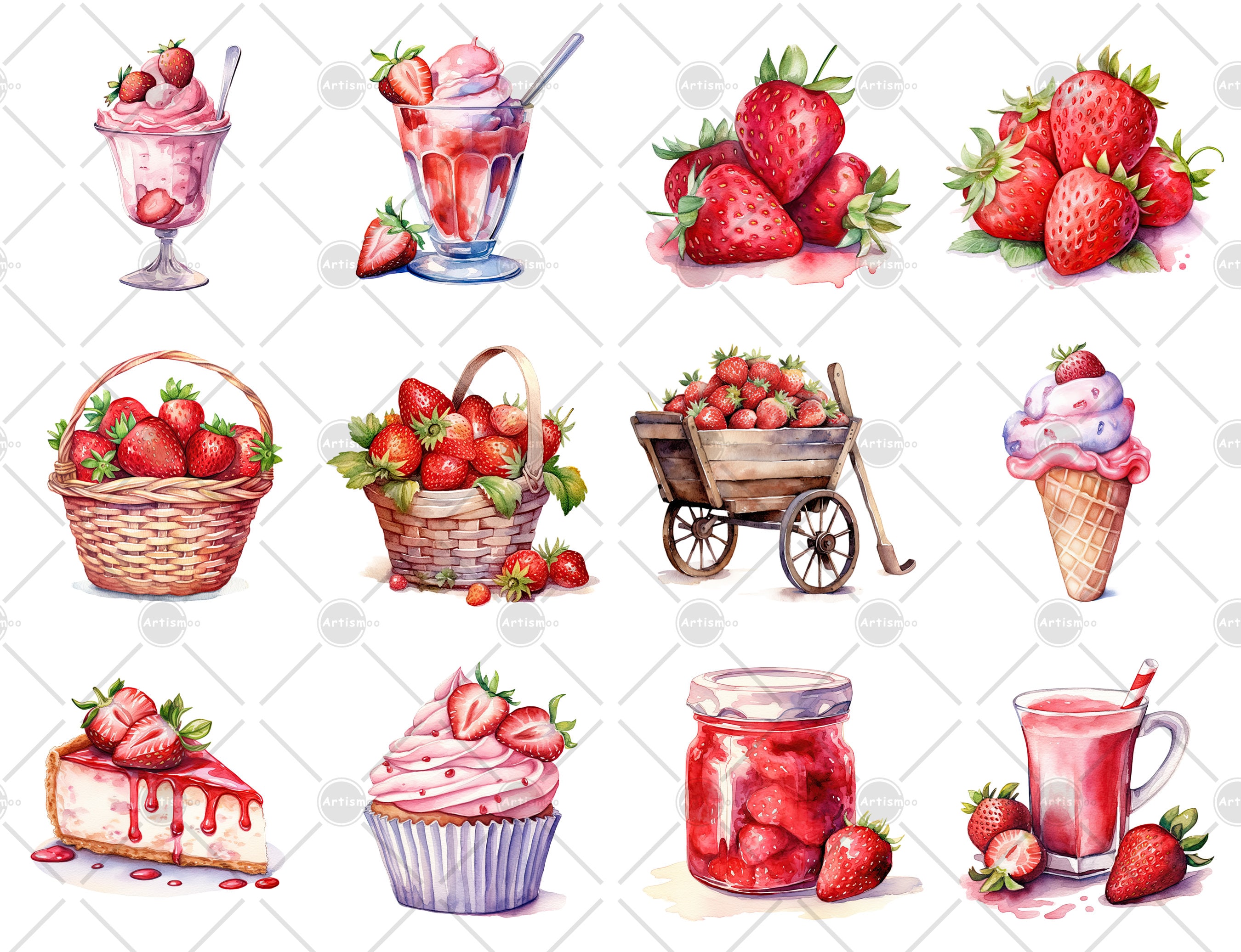 Watercolor Strawberry Clipart PNG Format Transparent Background Instant ...