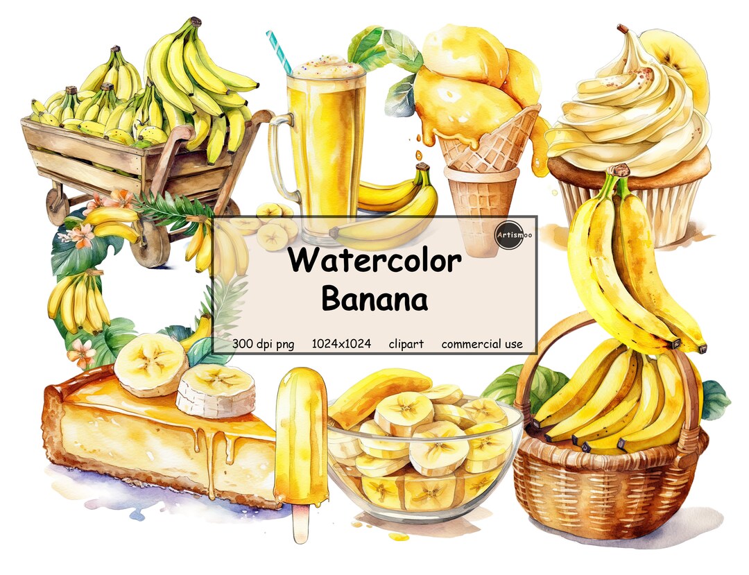Watercolor Banana Clipart – PNG Format Transparent Background Instant ...