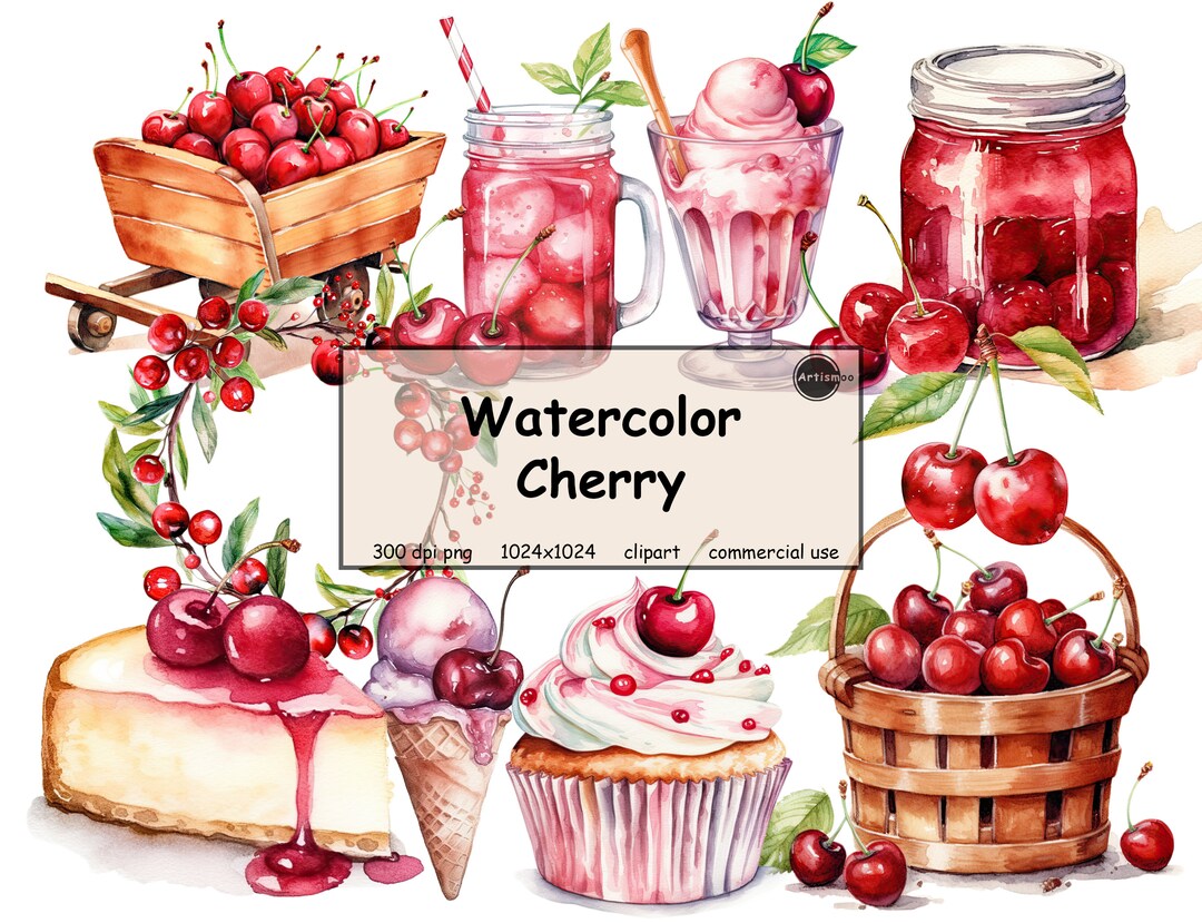Watercolor Cherry Clipart - PNG Format Transparent Background Instant ...